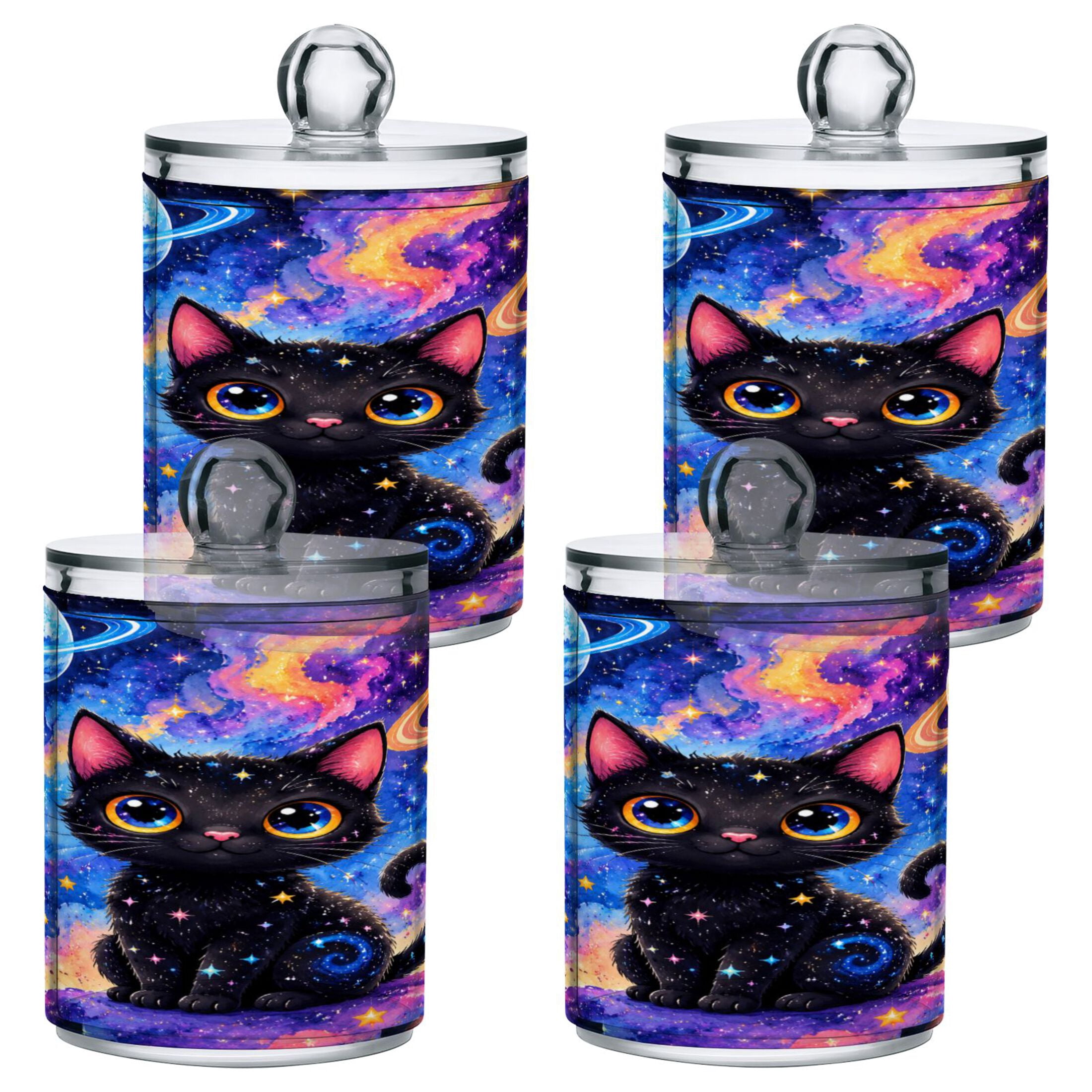 4 Pack Clear Plastic Bathroom Canisters Black Cat in Cosmic Nebula ...