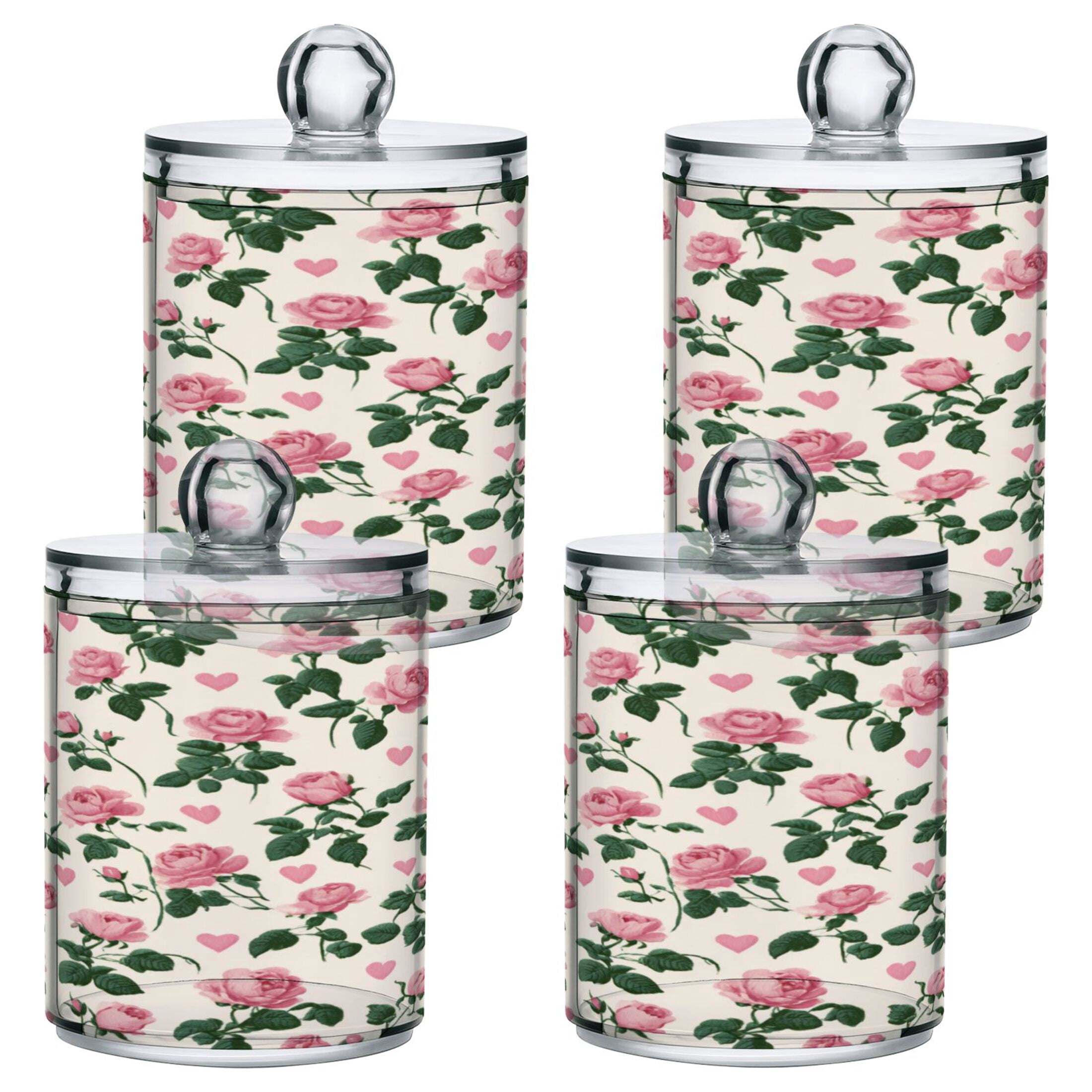 4 Pack Clear Plastic Bathroom Canisters Gentle Rose Petal Print Storage ...