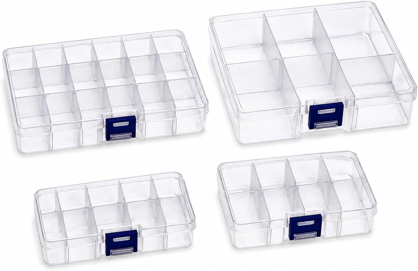 4-Pack Clear Plastic Organizer Boxes with Adjustable Dividers for ...