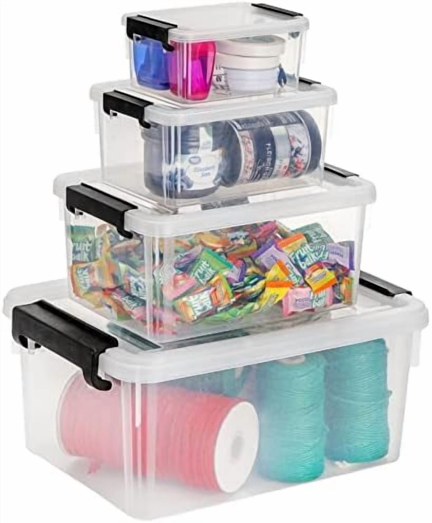 4 Pack Clear Plastic Storage Bin with Lid and Black Buckles, 8.5/4.5/1/ ...