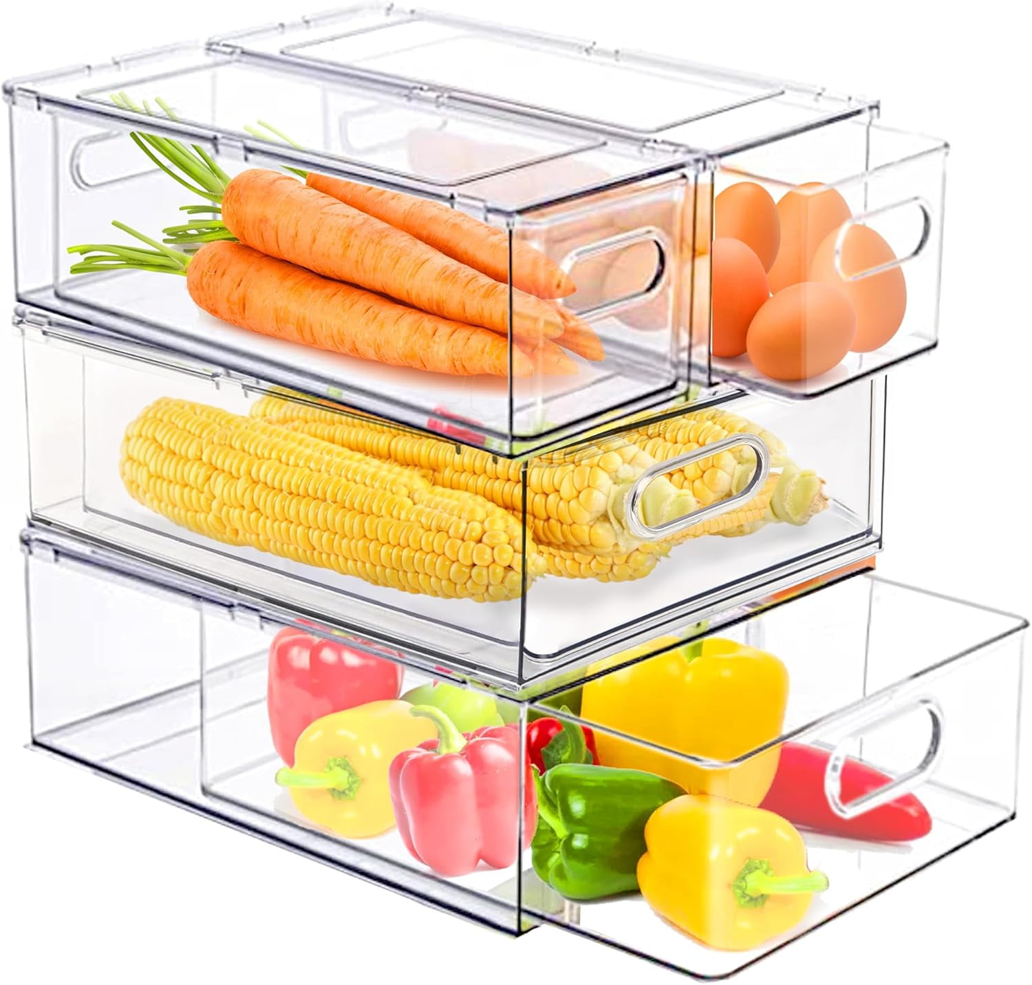 4 Pack Clear Storage Drawer Set, Stackable Fridge Drawer Organizer ...