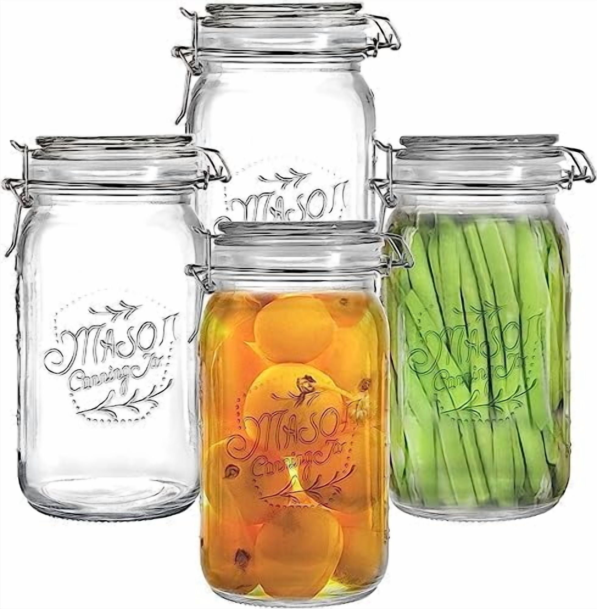 4 Pack Clear Wide Mouth Glass Mason Jars with Airtight Clamp Lids, 32Oz ...