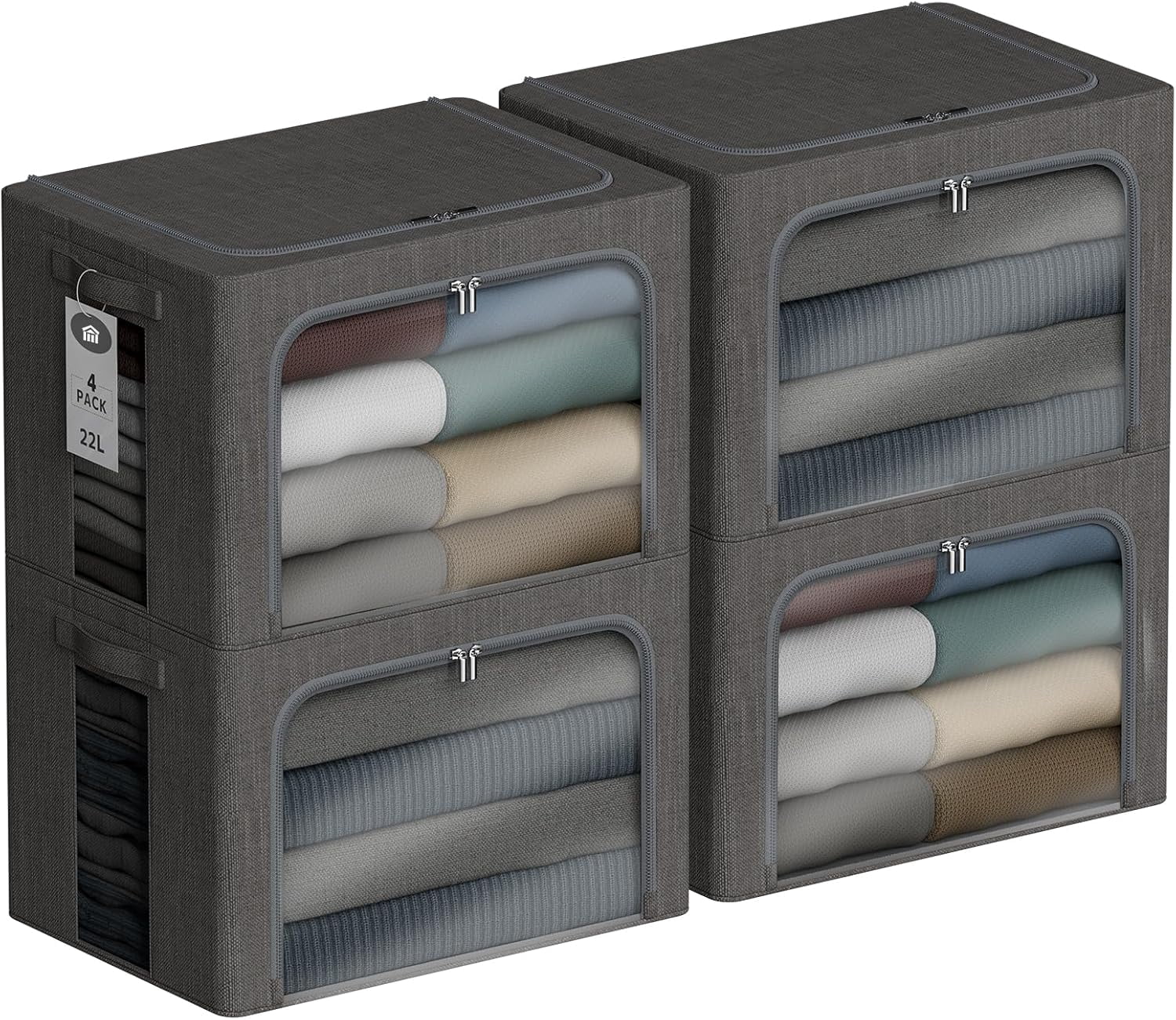 4 Pack Clothes Storage Bins with Metal Frame - 22L Stackable Storage ...