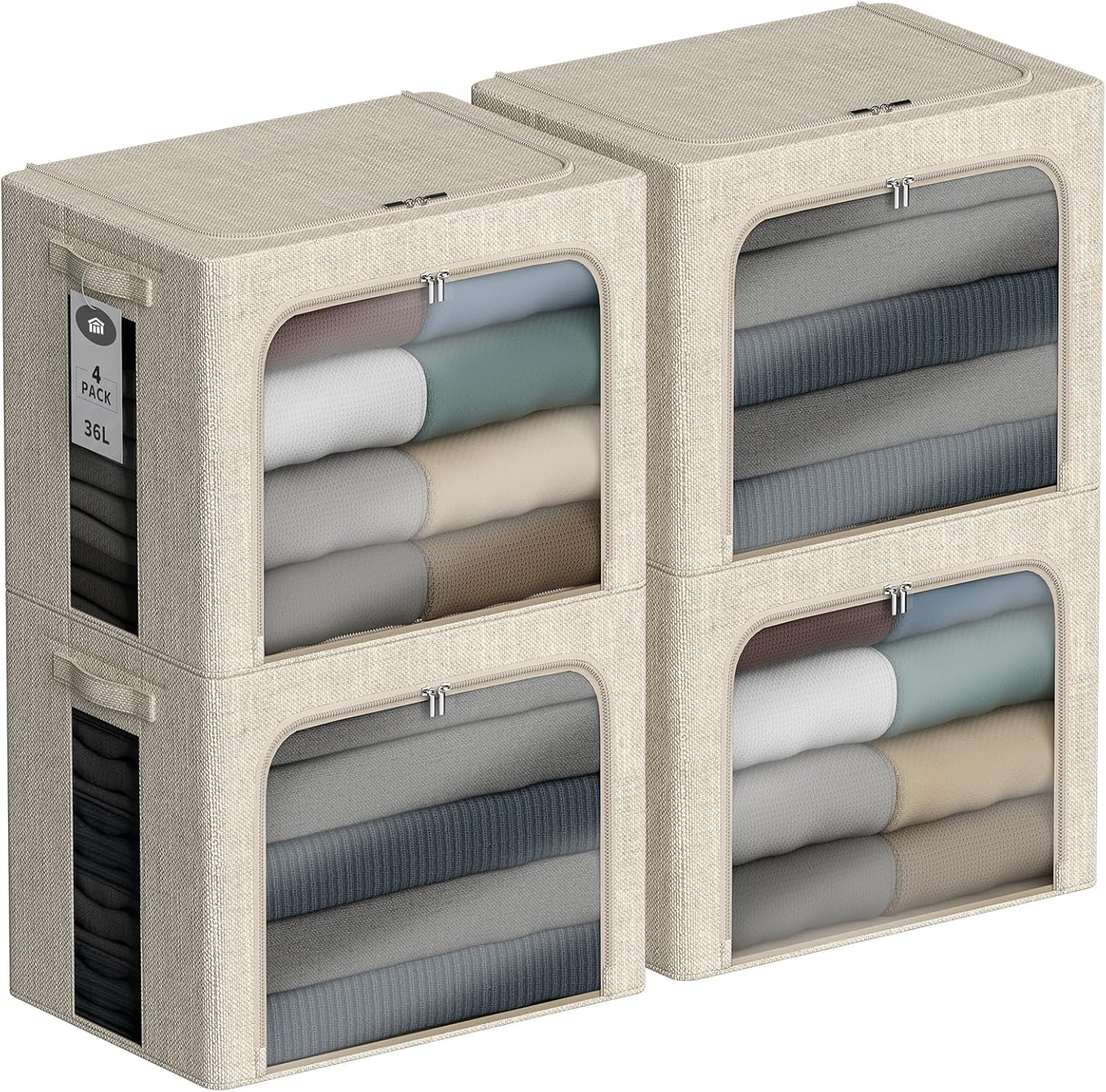 4 Pack Clothes Storage Bins with Metal Frame - 36L Stackable Storage ...