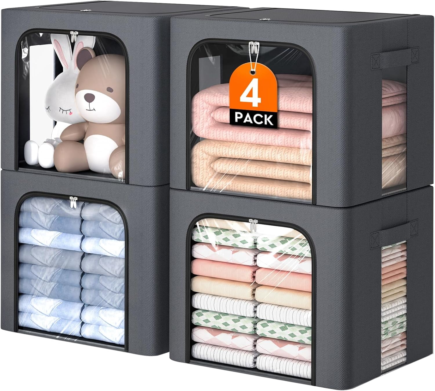 4 Pack Clothes Storage Bins with Metal Frame, 40L Foldable Fabric ...