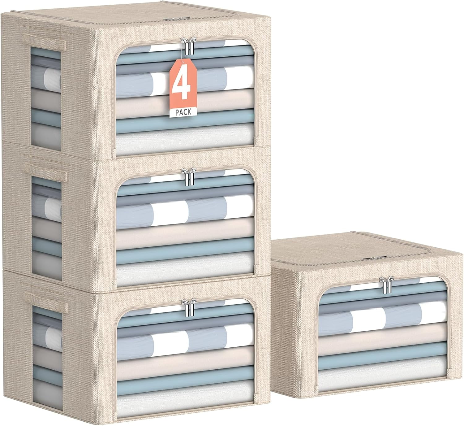 4 Pack Clothes Storage Bins with Metal Frame - Linen Fabric Container ...