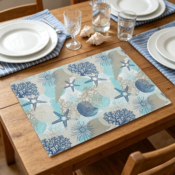 4 Pack Coastal Placemats 17.7x11.8 Inches Nautical Seahorse Starfish ...