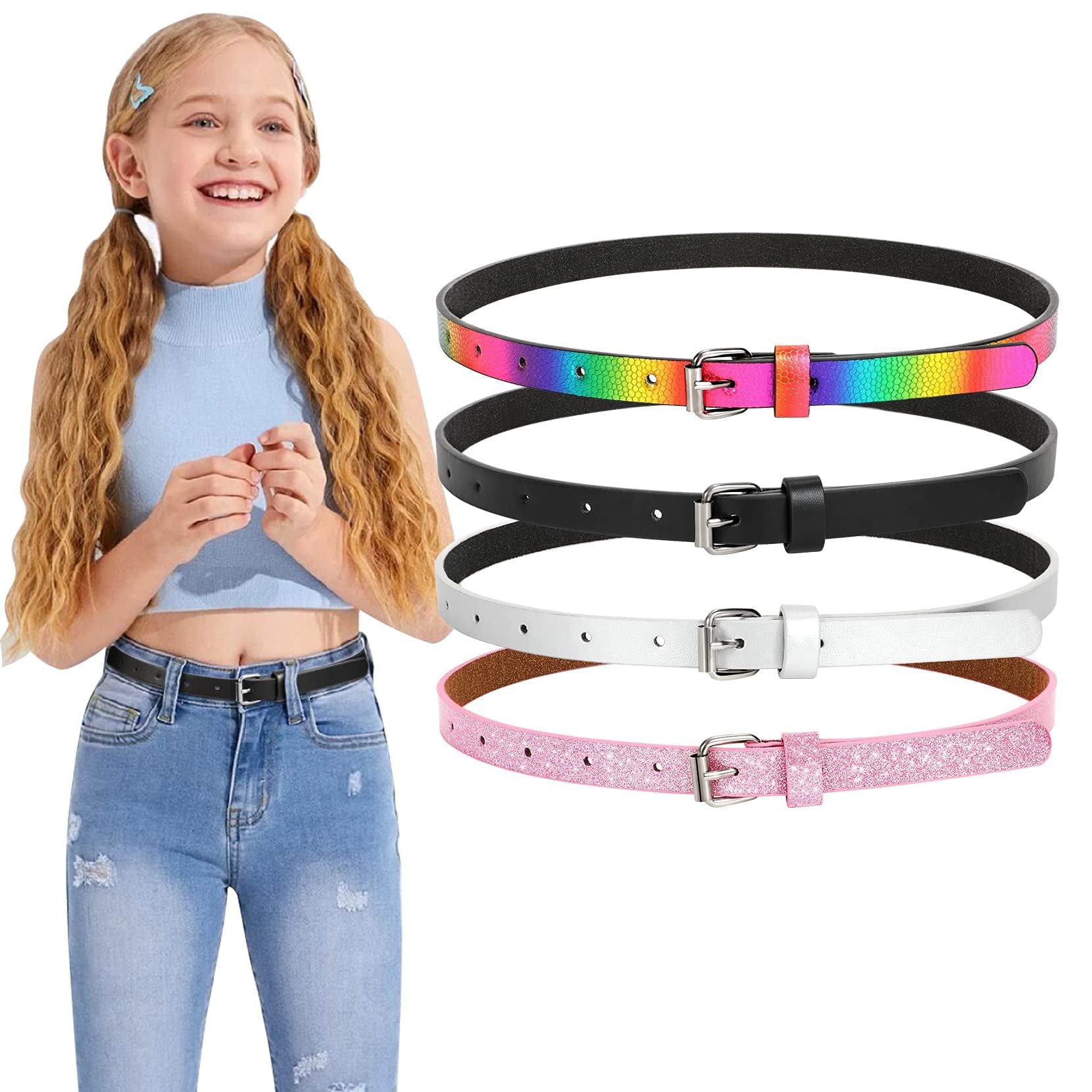 4 Pack Colorful Girl's Skinny Belt Shiny Glitter Kids Belts for Jeans ...
