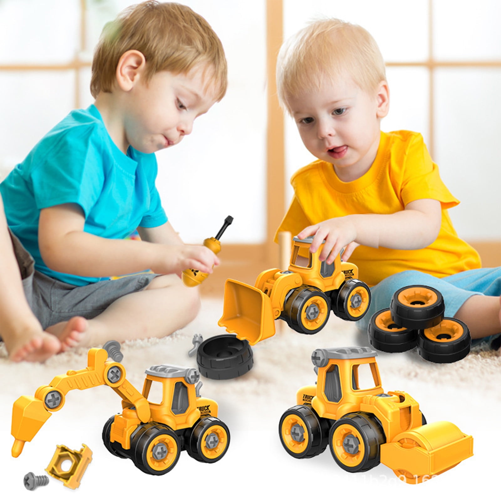 4-Pack Construction Truck Toys Set - Road Roller, Bulldozer, Excavator ...