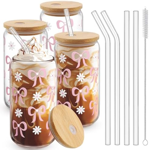 4 Pack Coquette Bow Glass Cup with Lids and Straws, Cute Glasses ...