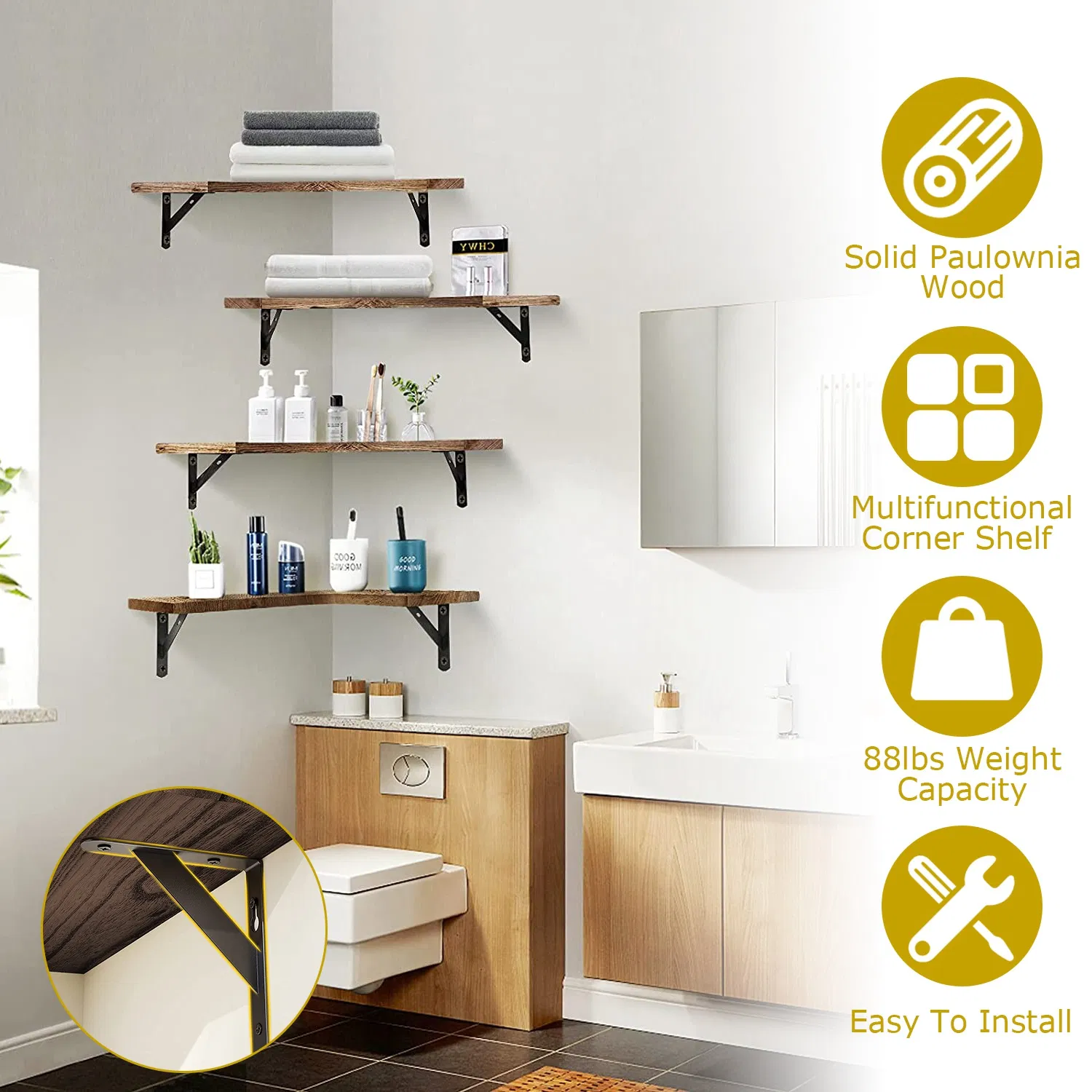4 Pack Corner Floating Shelves - Rustic Wooden Wall Shelves with ...