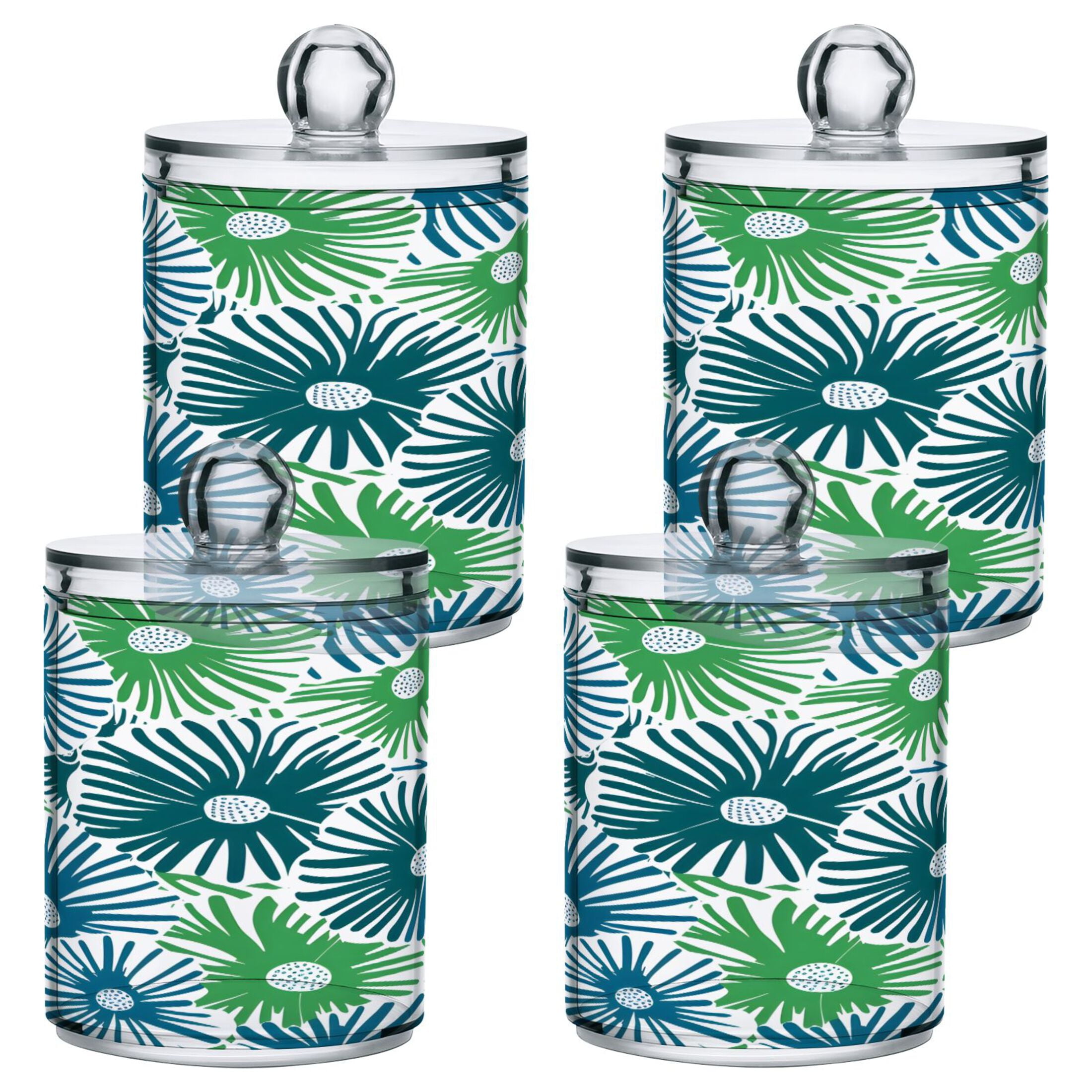 4 Pack Creative Hand-drawn Flowers Qtip Holder Dispenser Clear Plastic Storage Apothecary Jars ...