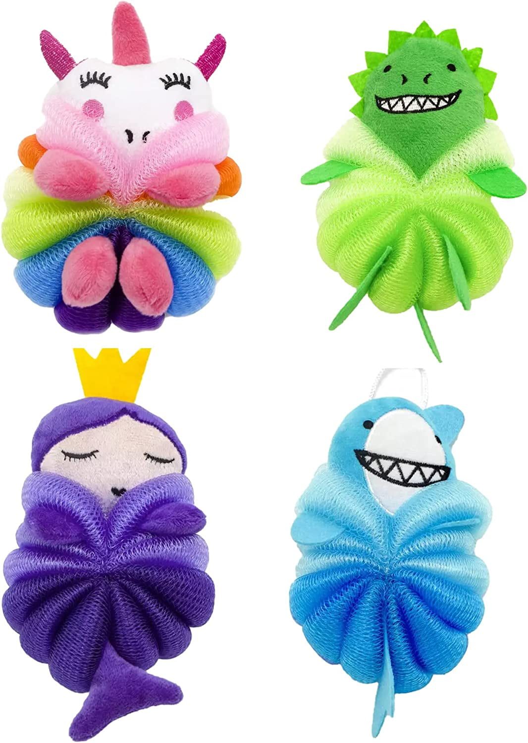 4 Pack Cute Animal Loofah Fun Colorful Cartoon Design Mesh Pouf 7” x 4 ...