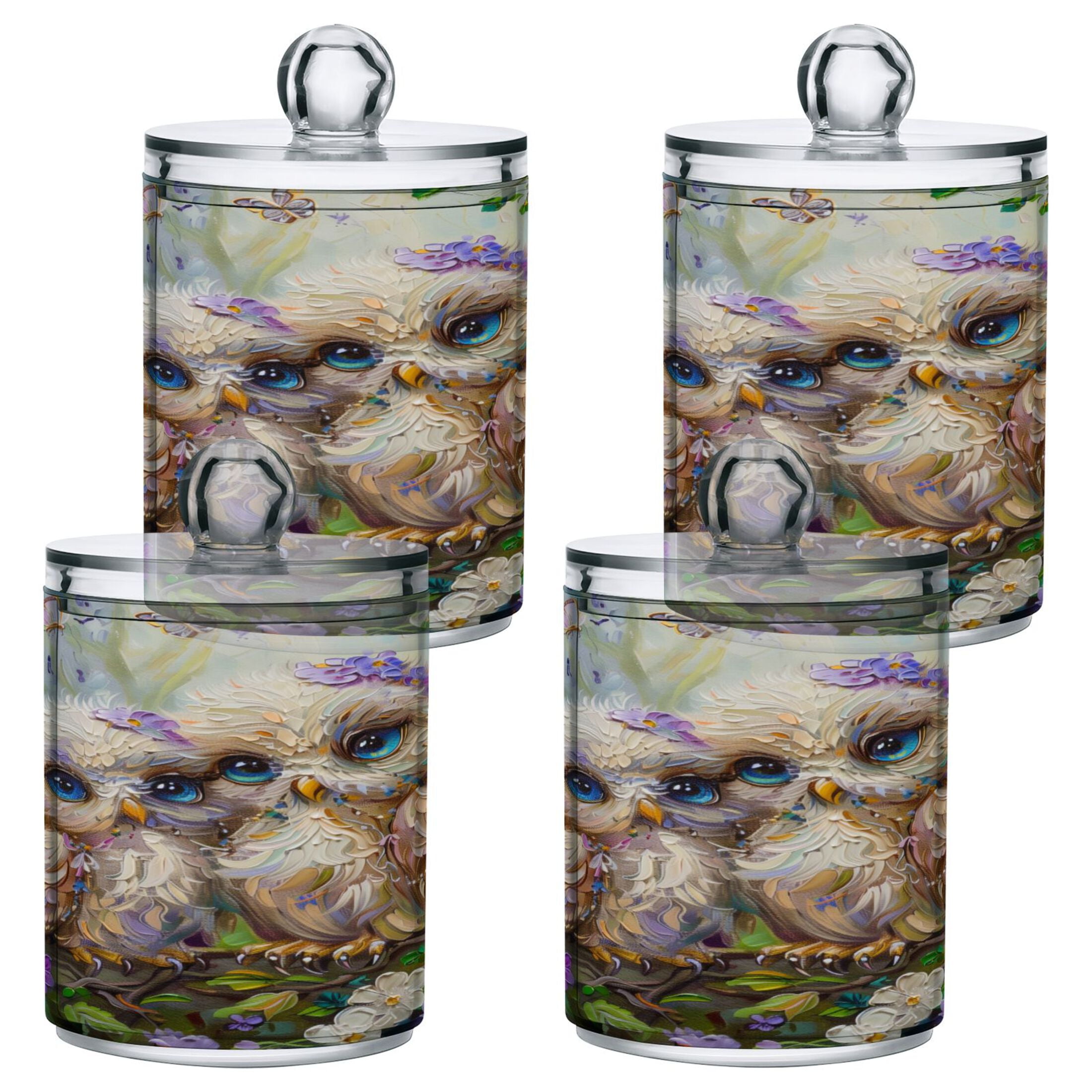 4 Pack Cute Owls in Forest Qtip Holder Dispenser Clear Plastic Storage ...