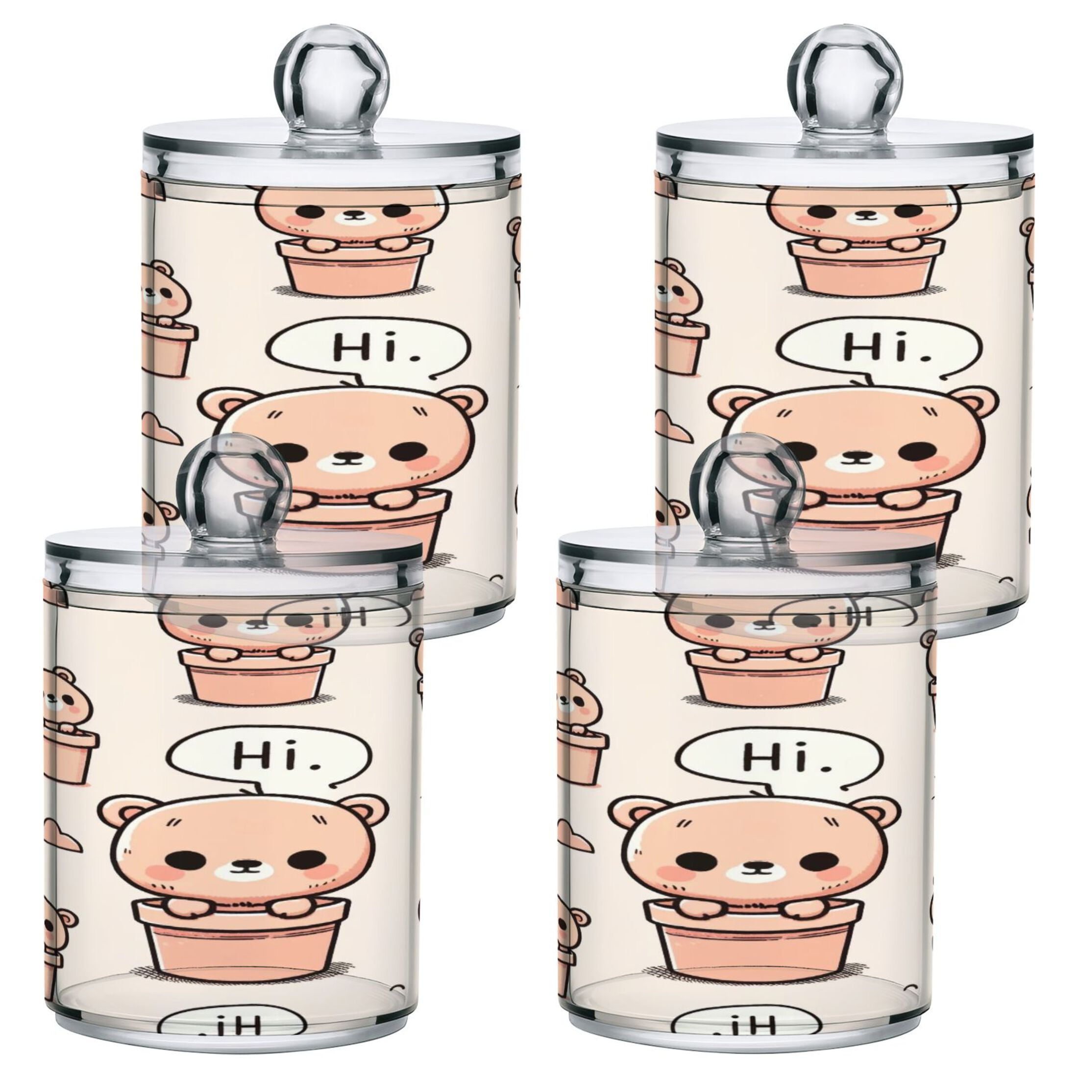 4 Pack Cute Teddy Bear in Pots Qtip Holder Dispenser Clear Plastic ...