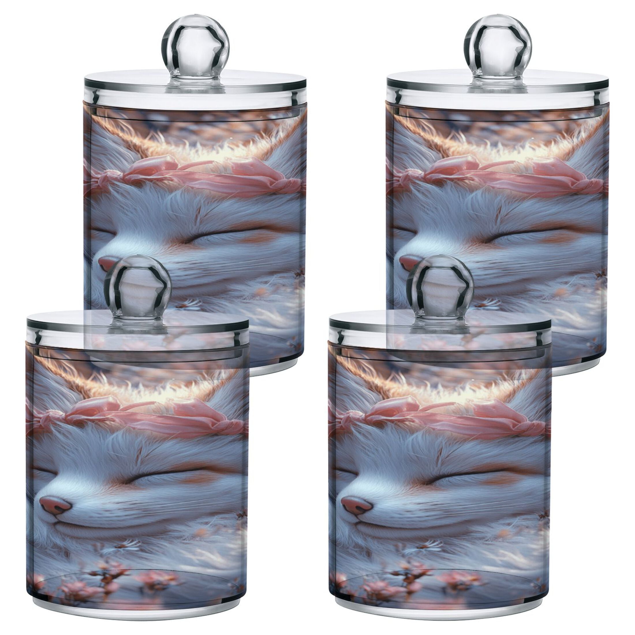 4 Pack Cute White Fox with Pink Ribbon Qtip Holder Dispenser Clear ...