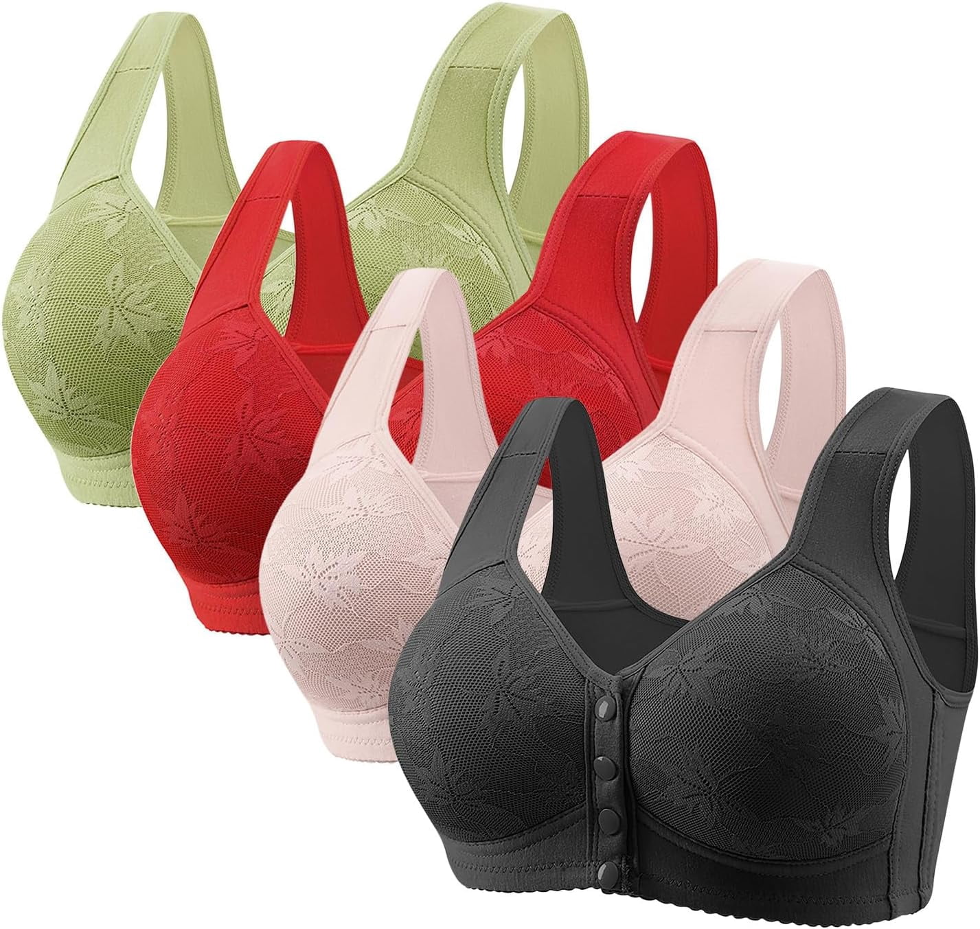 4 Pack Daisy Bras for Older Women Front Closure Wireless Push Up Bras ...