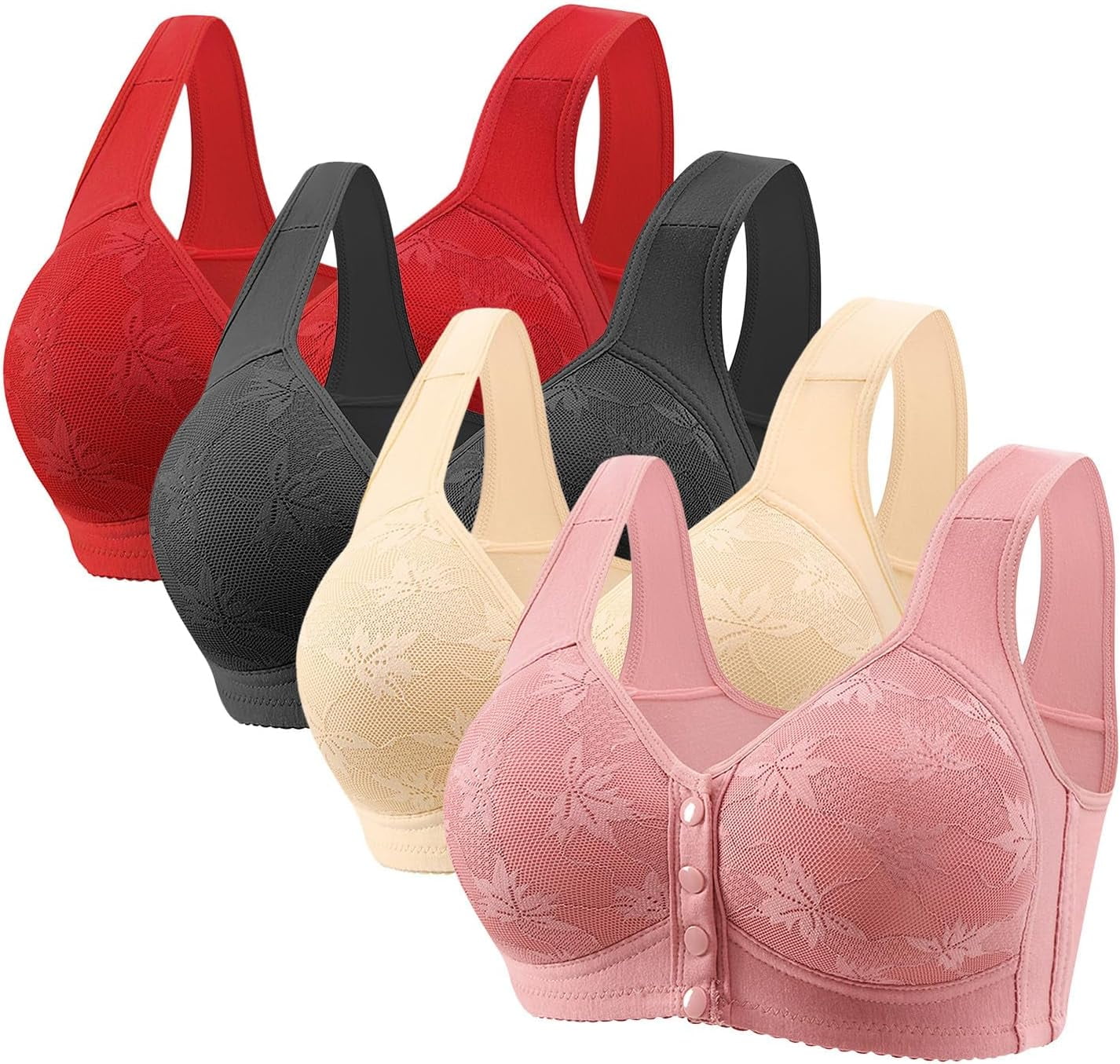 4 Pack Daisy Bras for Older Women Front Closure Wireless Push Up Bras Everyday Wirefree ...