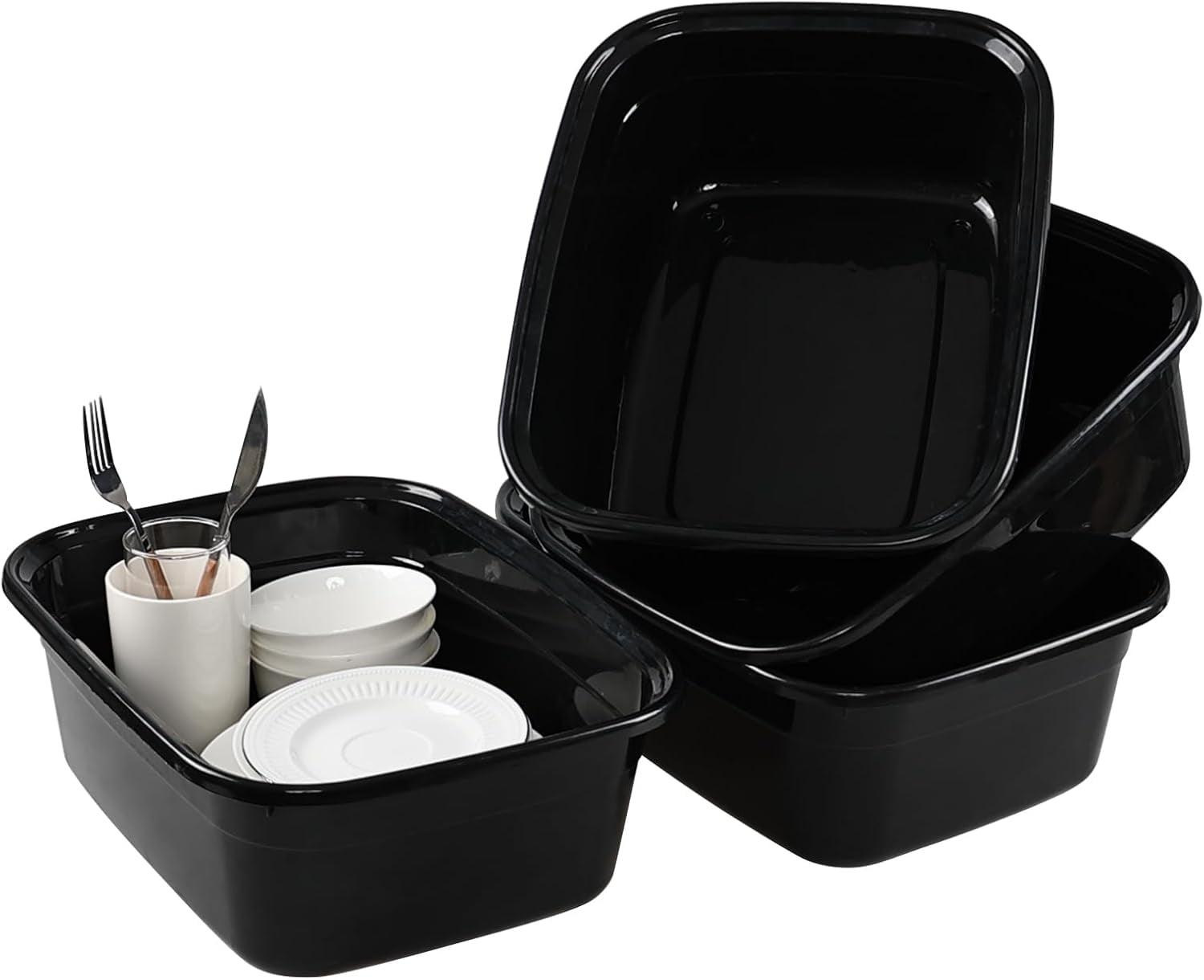 4-Pack Dish Pan Basin, 14 Quart Black Plastic Rectangular Wash Basins ...