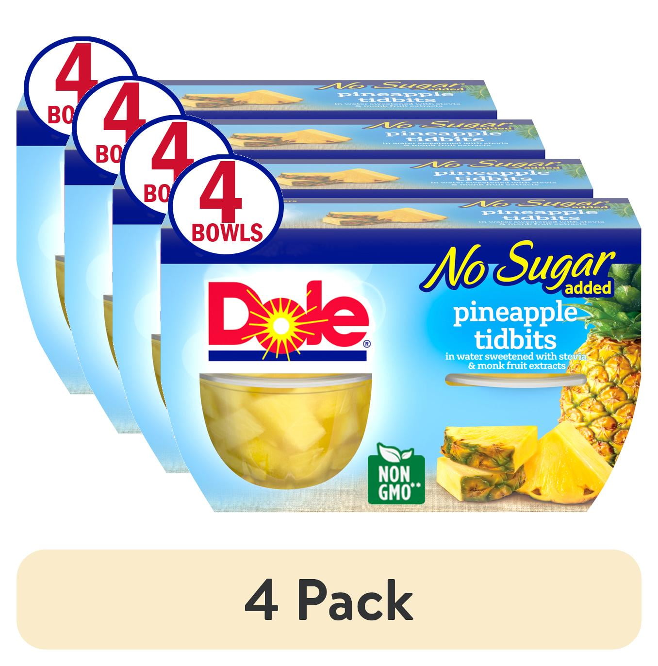 (4 pack) Dole Fruit Bowls No Sugar Added Pineapple Tidbits in Water, 4 oz Cups (4 Pack ...
