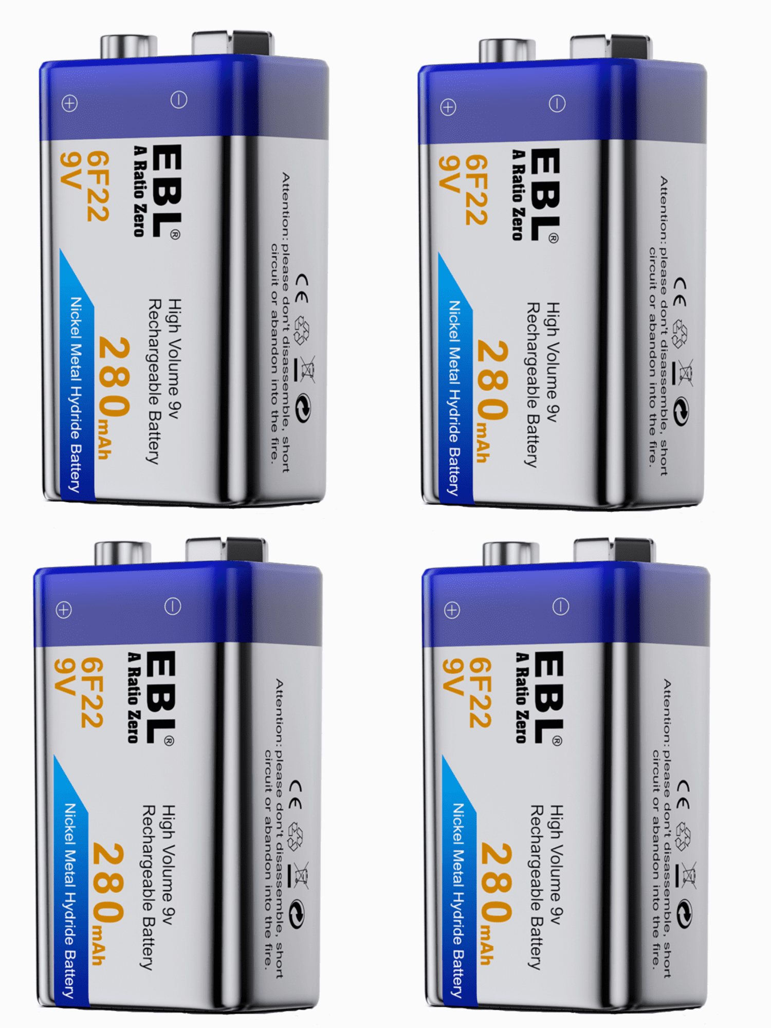 4 Pack EBL 280mAh 9V 6F22 Ni-MH Battery Rechargeable Batteries 9 Volt ...