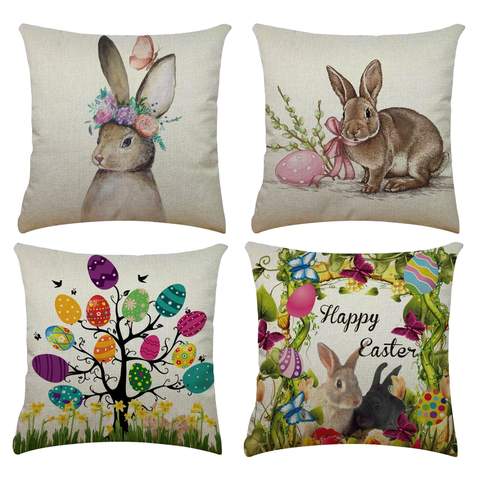 4 Pack Easter Bunny Throw Pillow Covers Spring Rabbit Egg Throw Cushion ...
