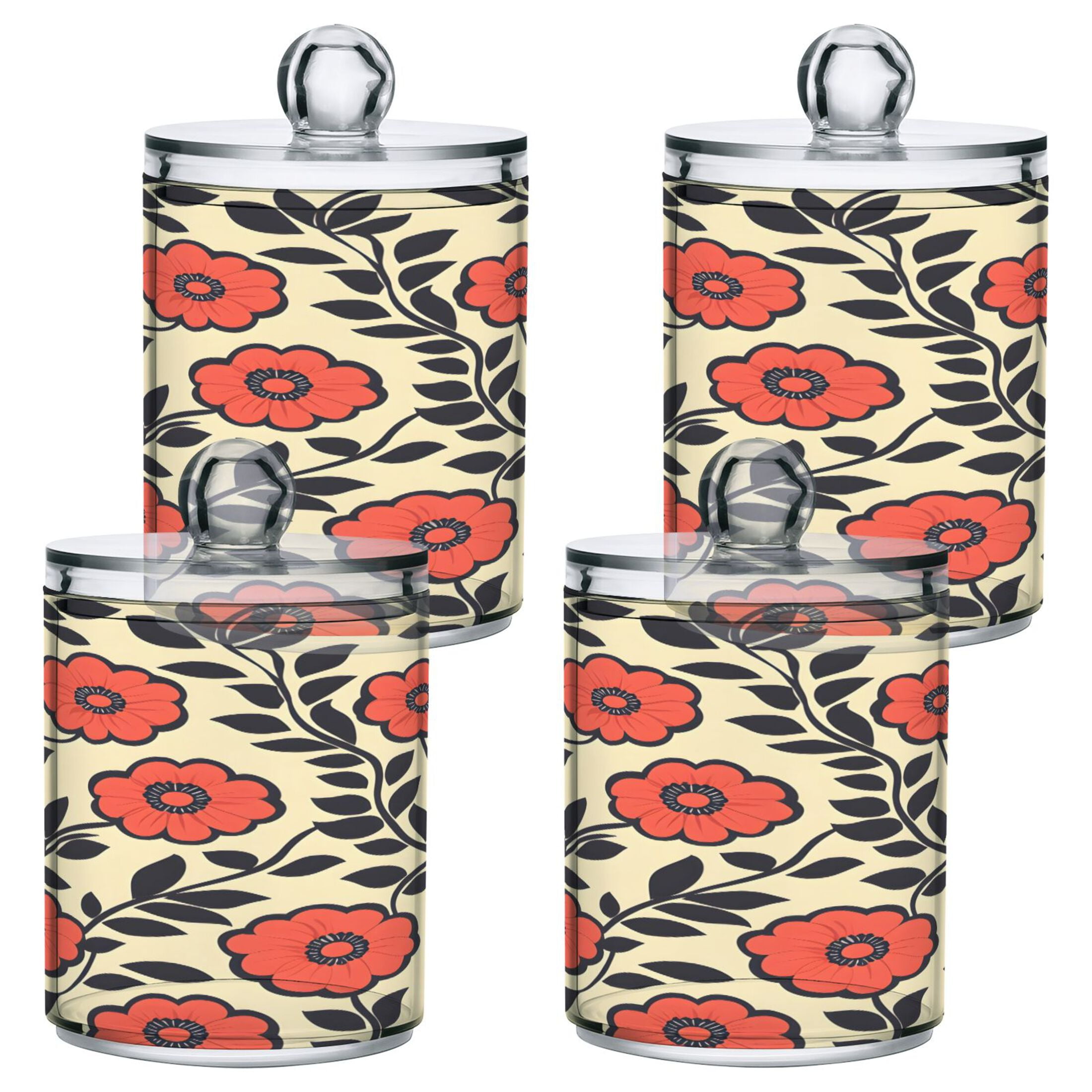 4 Pack Elegant Retro Flowers and Leaves Qtip Holder Dispenser Clear ...