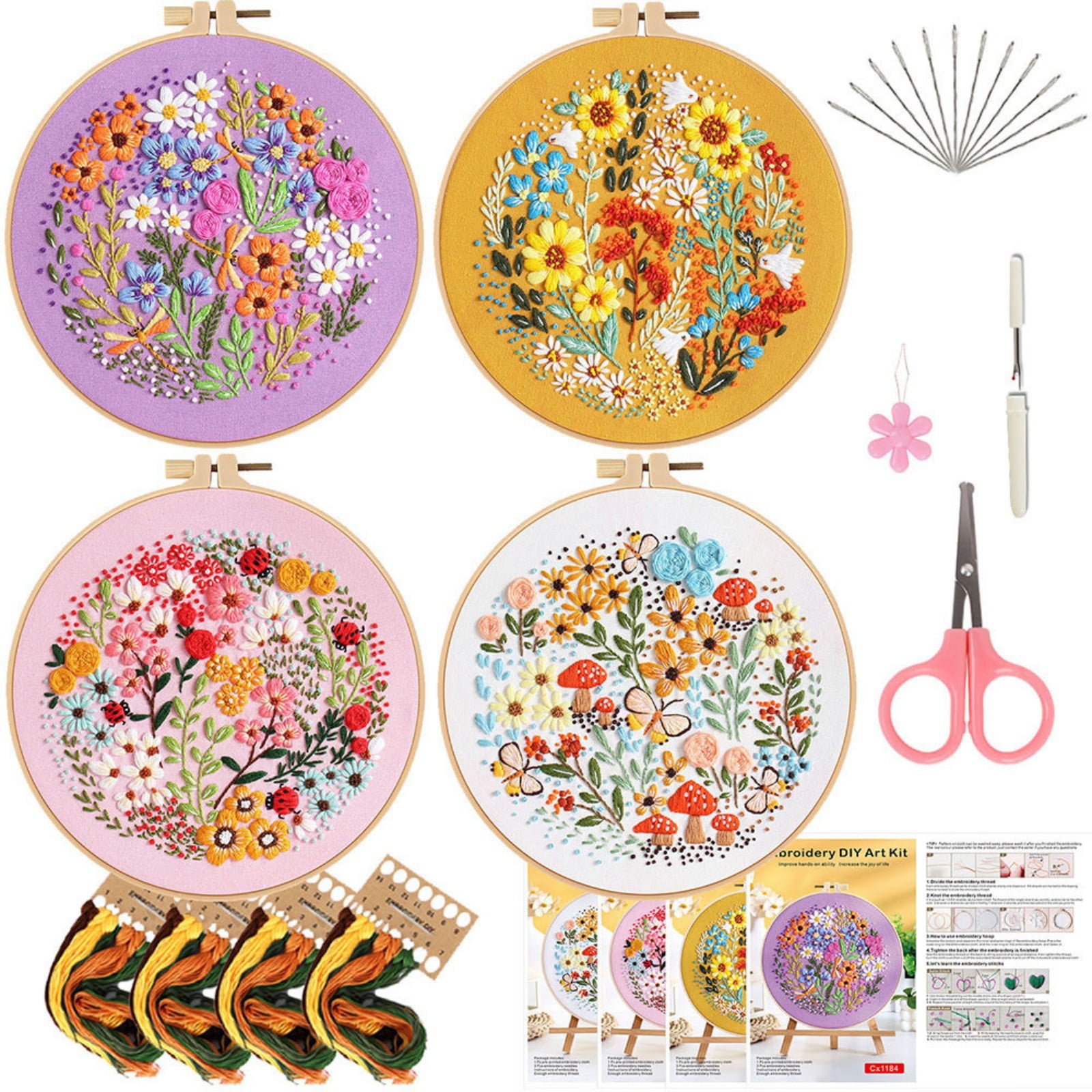 4 Pack Embroidery Starter Kit for Beginners Stamped Cross Stitch Kits ...