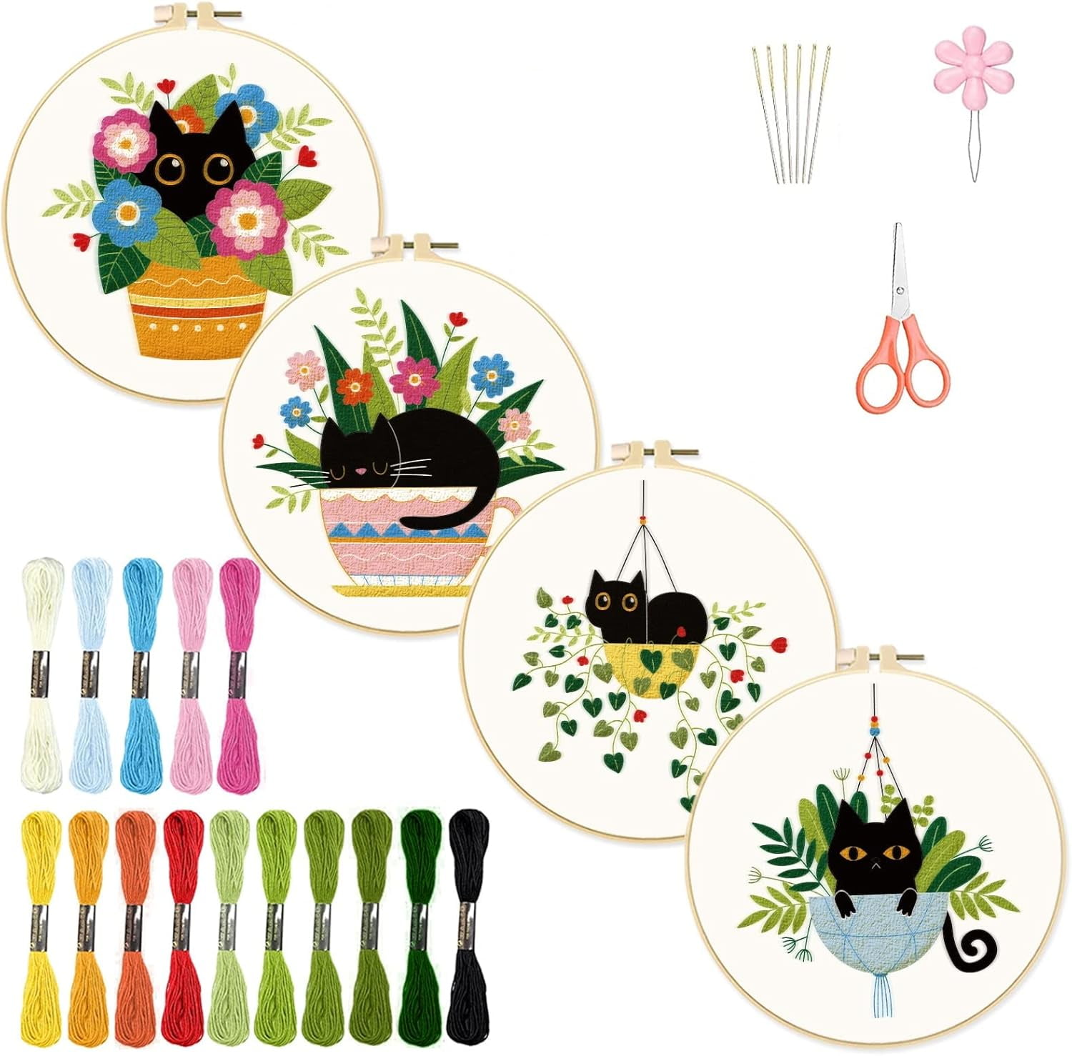 4 Pack Embroidery Starter Kit Black Cat Cross Stitch Kit with ...