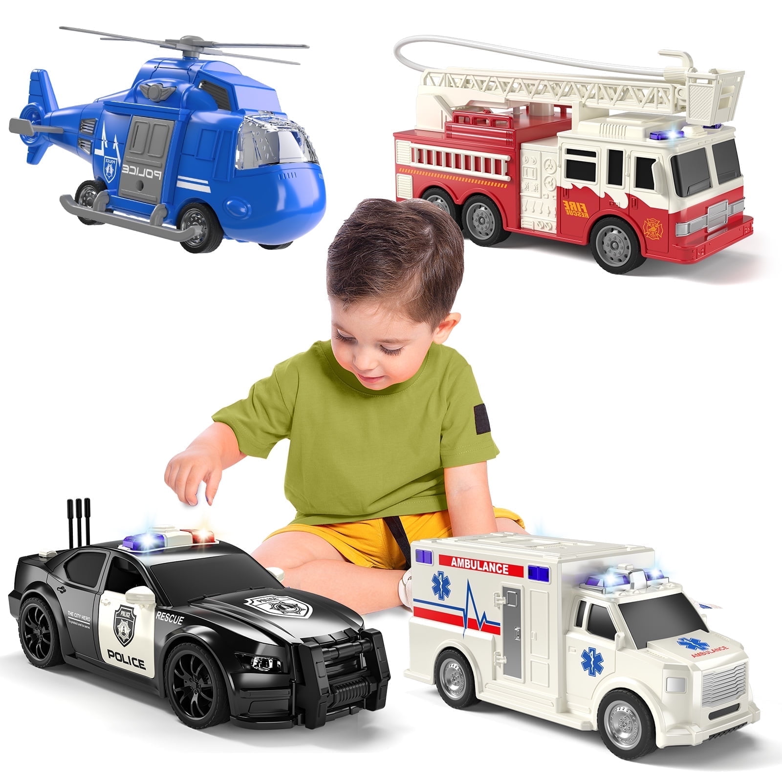4 Pack Emergency Vehicles for Kids, Helicopter, Police Car, Fire Truck ...