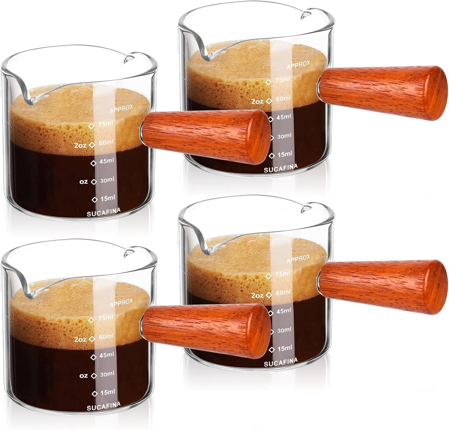 4 Pack Espresso Cups with Wood Handle, 75ml Double Spouts Measuring ...