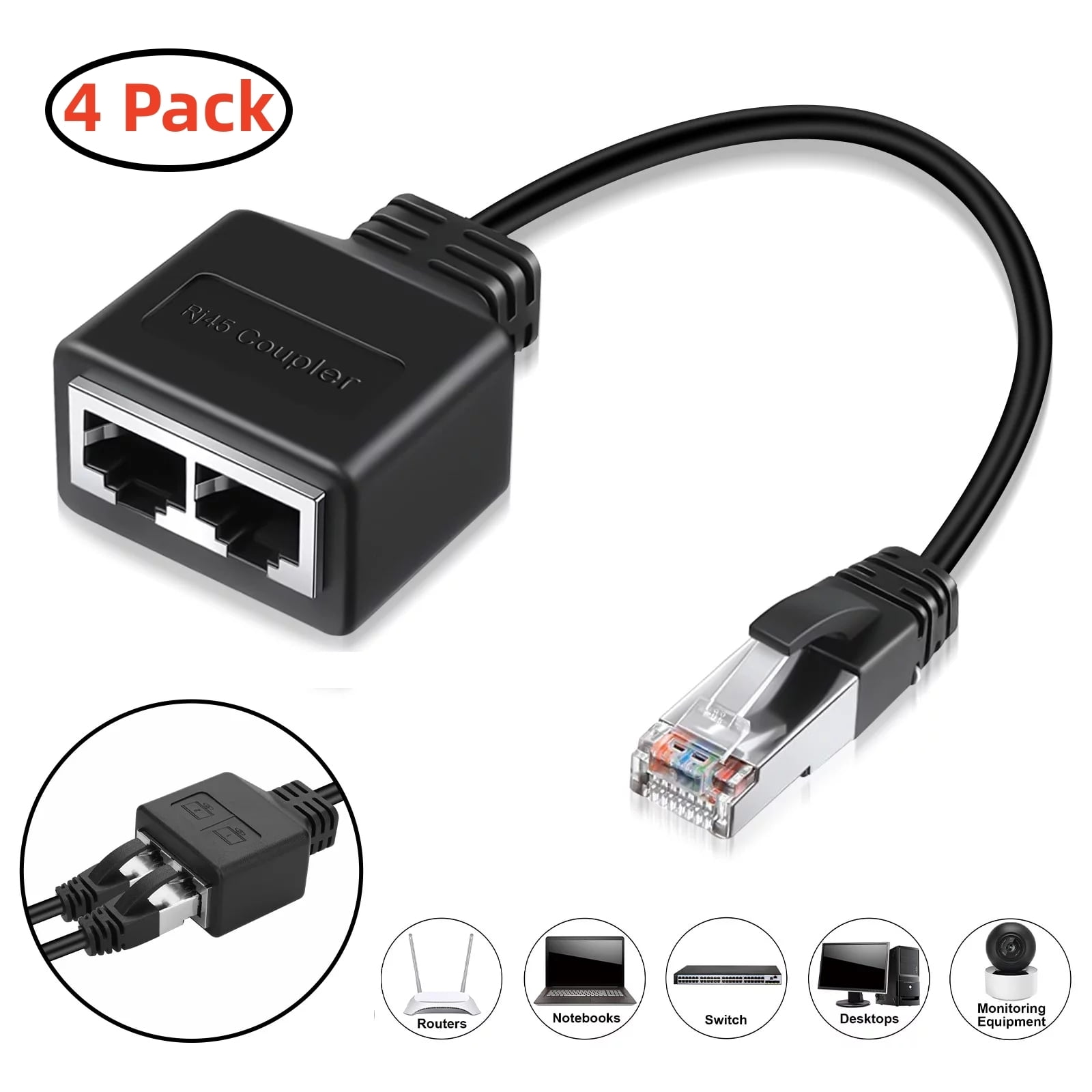 4 Pack RJ45 Network Splitter 1 to 2 Port Ethernet Cable Adapter Male To ...