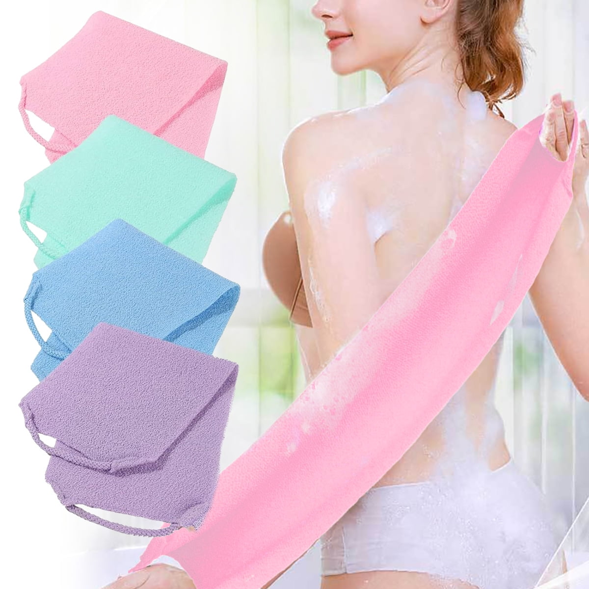 4 Pack Exfoliating Back Scrubber with Handles, Nylon Extended Length Bath Towel Shower Back ...