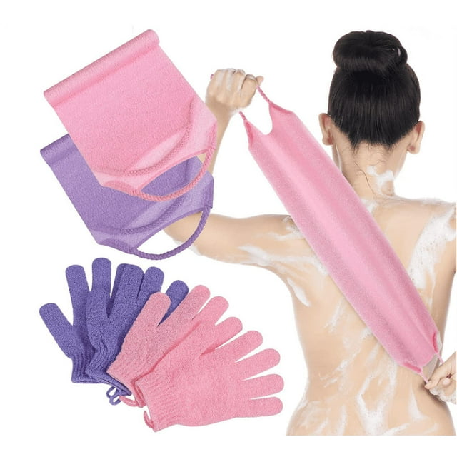 4 Pack MITT WASH Bathing Exfoliation Set: 2 Nylon Body Scrubbers & 2 Pairs Scrub Gloves ...