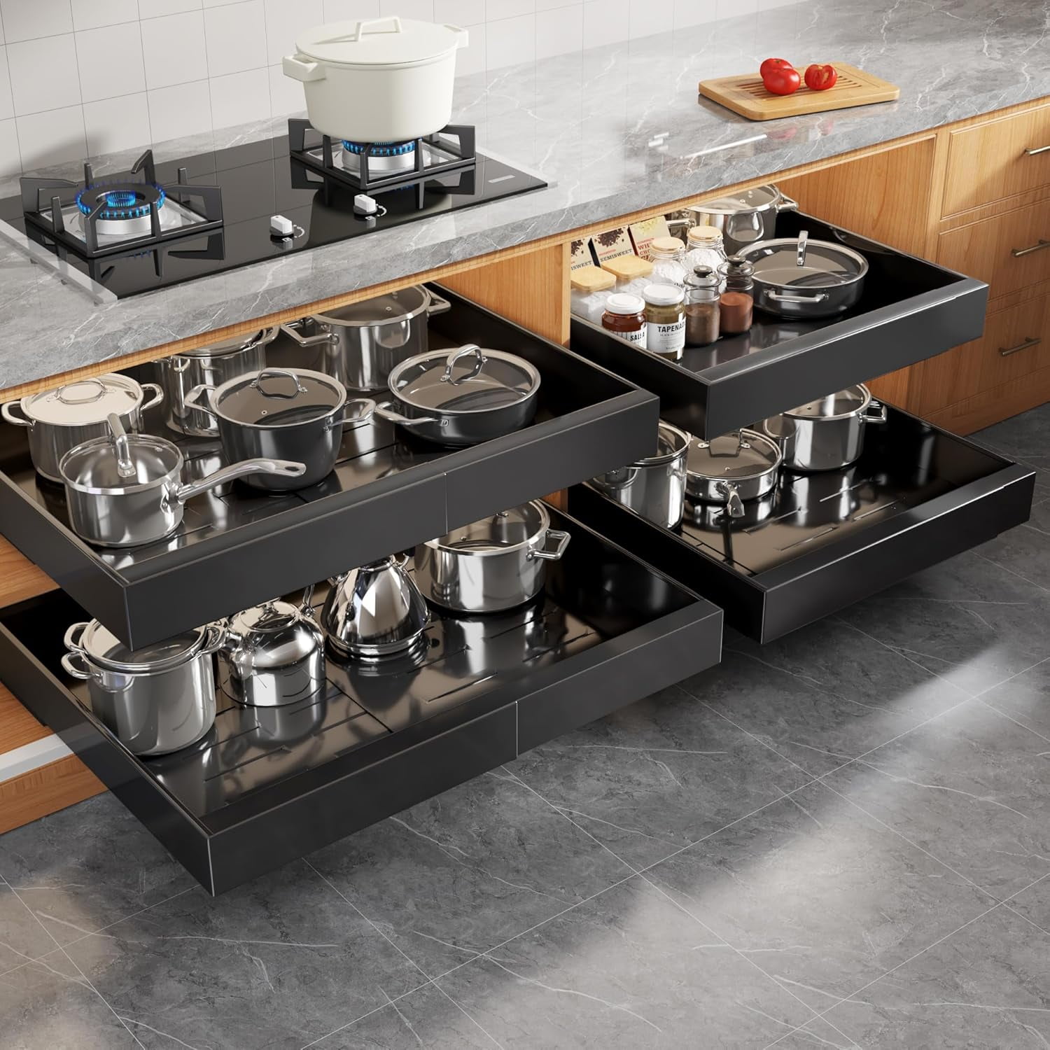 4 Pack Expandable Pull Out Cabinet Organizer 21"Deep With Raising Pad ...