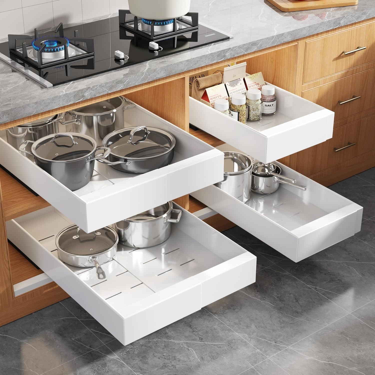 4 Pack Expandable Pull Out Cabinet Organizer 21" Deep with Raising Pad ...