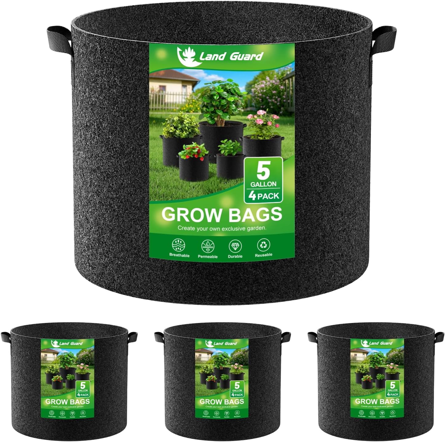 4-Pack Fabric Grow Bags 5 Gallon, 300G Thickened Nonwoven Plant Grow ...