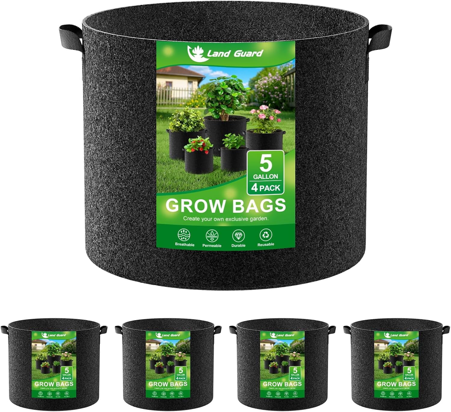 4-Pack Fabric Grow Bags 5 Gallon, Thickened Nonwoven Garden Pots ...