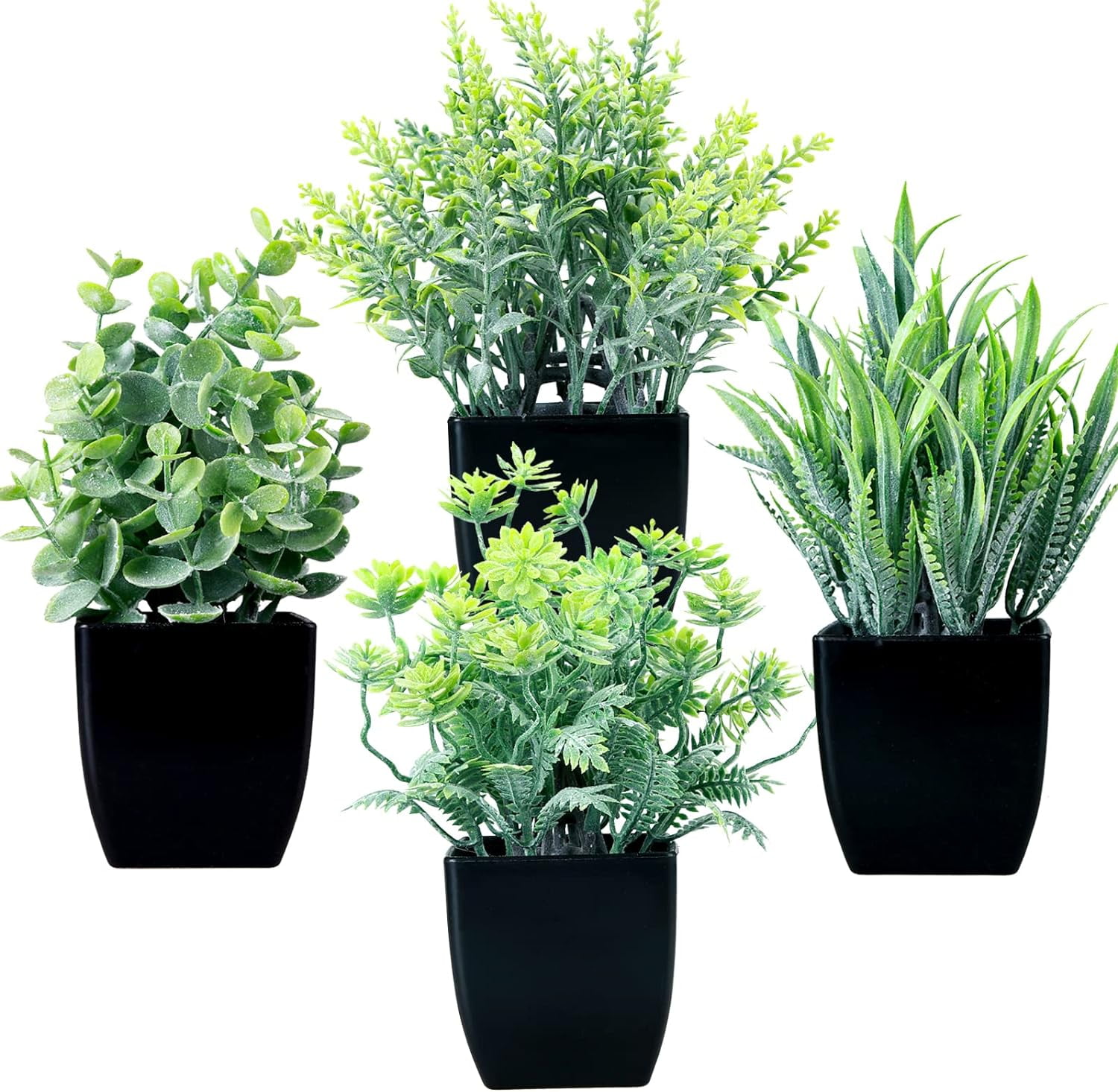 4 Pack Fake Plants in Black Pot Small Artificial Eucalyptus Potted Plant Wheat Grass Mini Faux ...