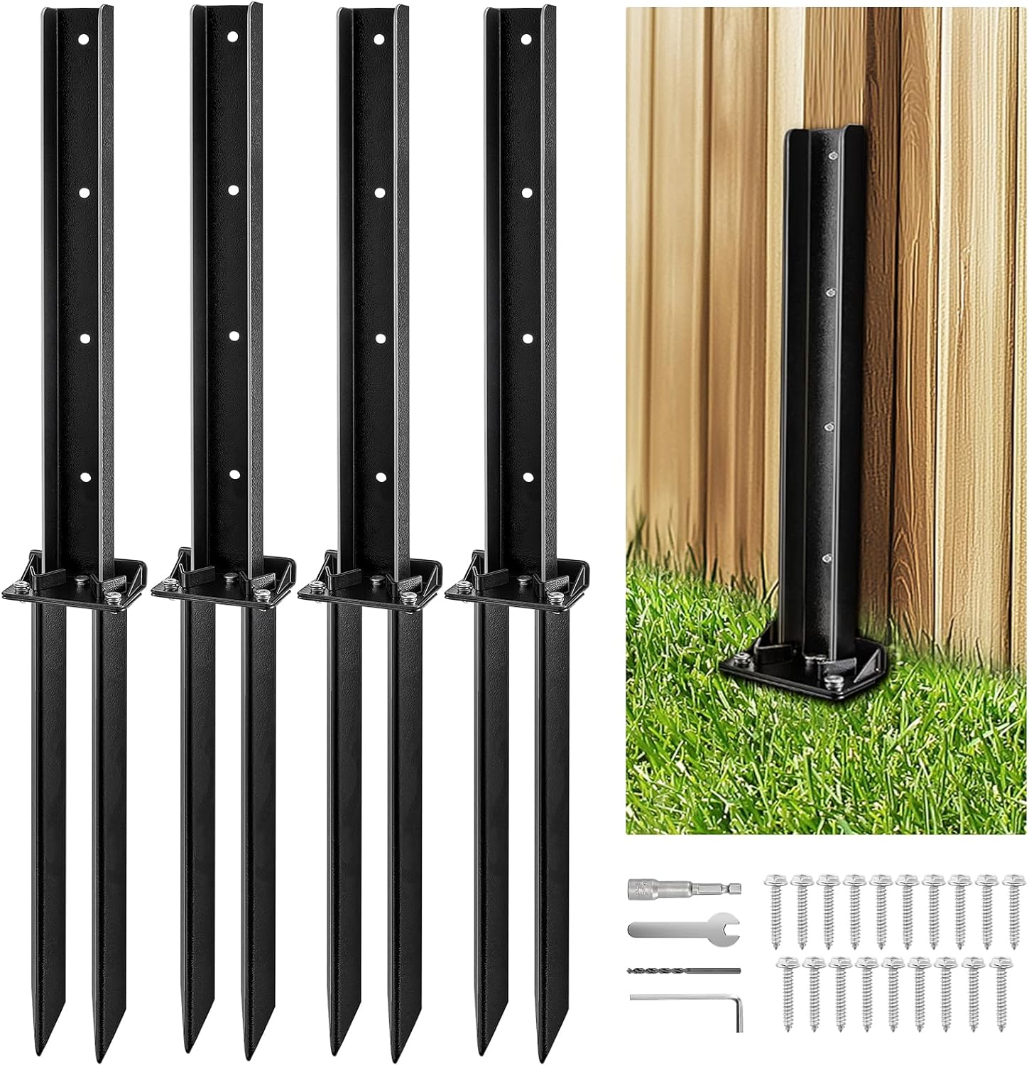 4-Pack Fence Post Anchor Kit, Heavy-Duty Steel Fence Post Repair Stake ...