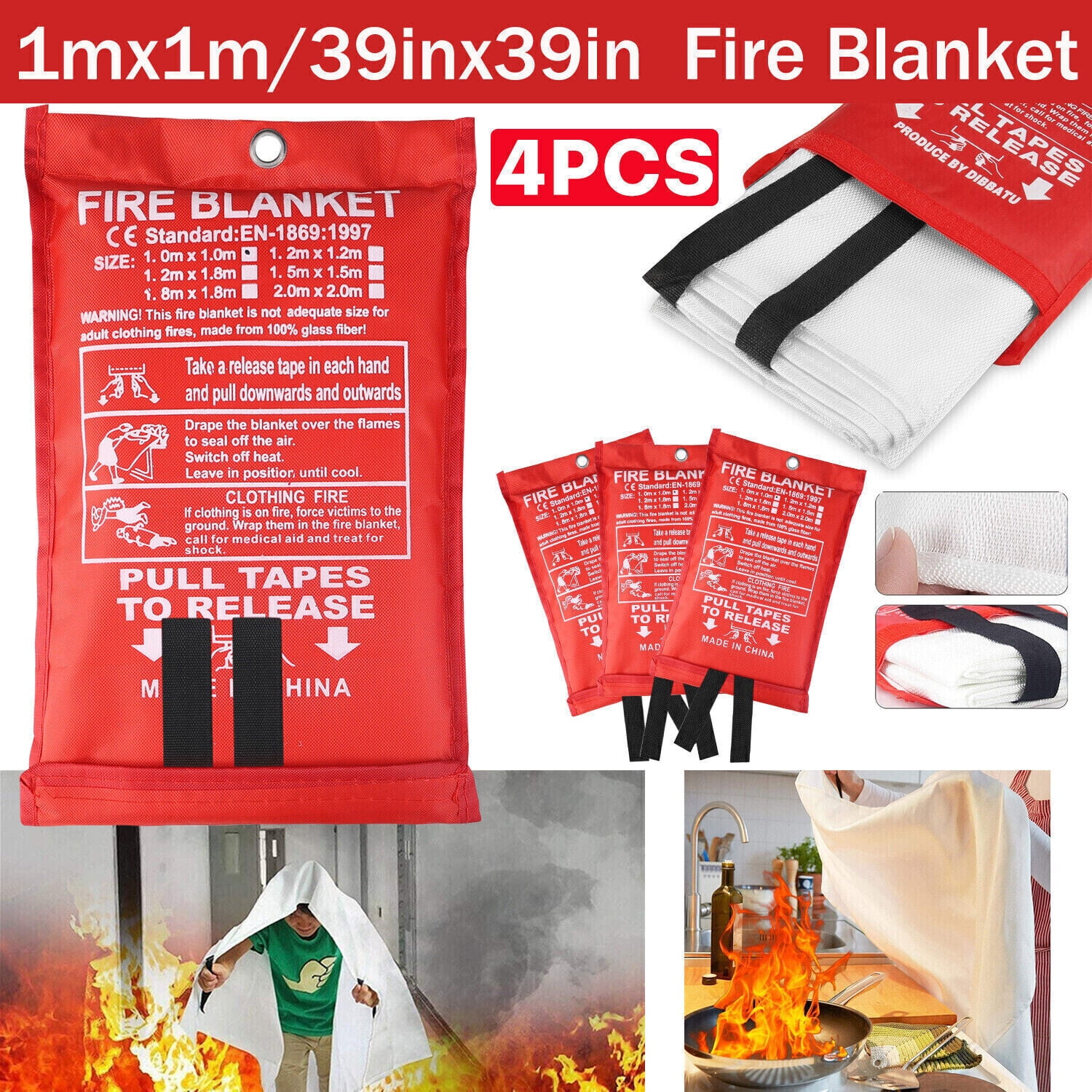 Unbranded 4-Pack 39x39 Inch Fiberglass Emergency Fire Blanket, Home ...