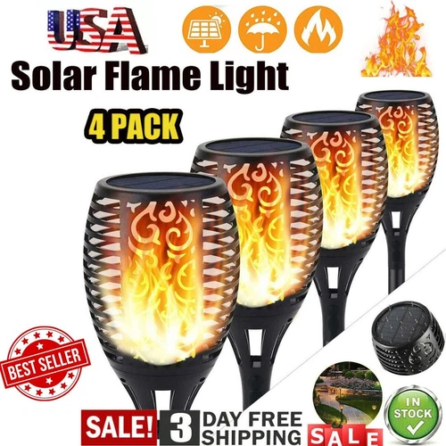 4 Pack Flickering Solar Lights Flame Torch Outdoor Landscape Garden ...