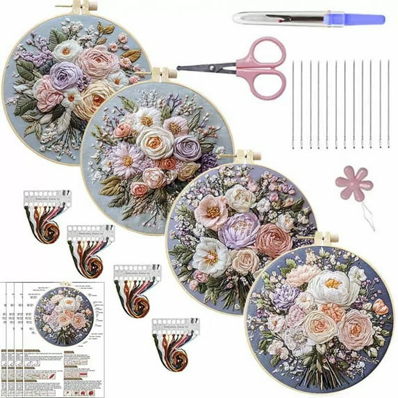 4 Pack Floral Bouquet Embroidery Kits for Adults Beginners Realistic ...