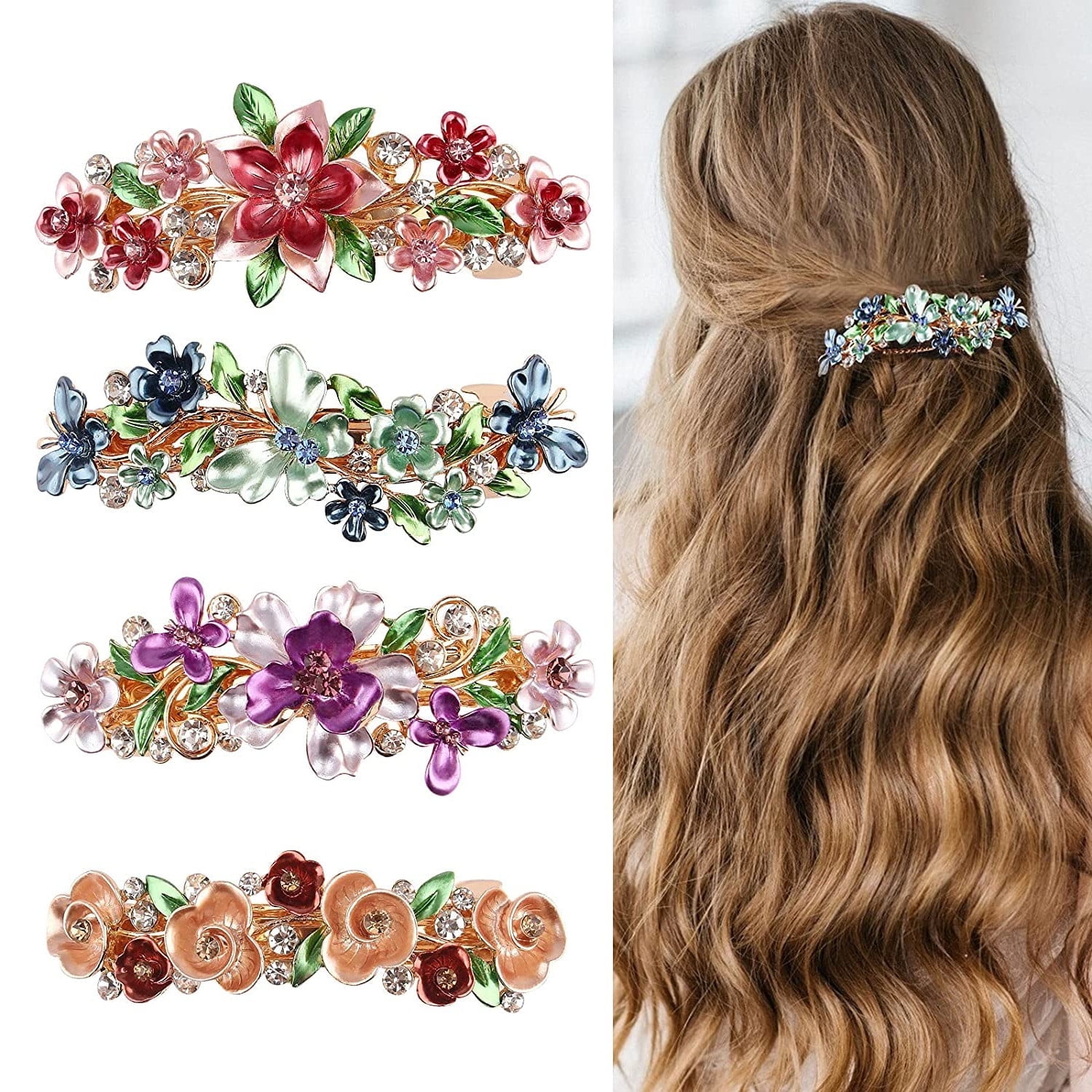 Casewin 4 Pack Floral Butterfly Crystal, Leaf Gem & Pearls Hair Clips ...