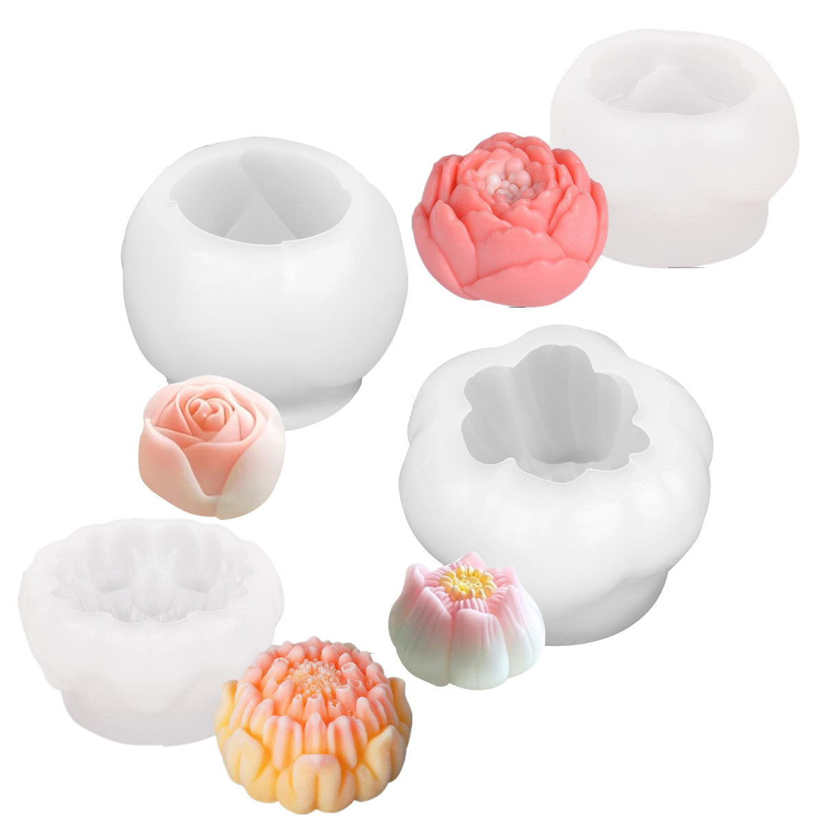 4 Pack Flower Molds for Candle Making, 3D Flower Silicone Candle Molds ...