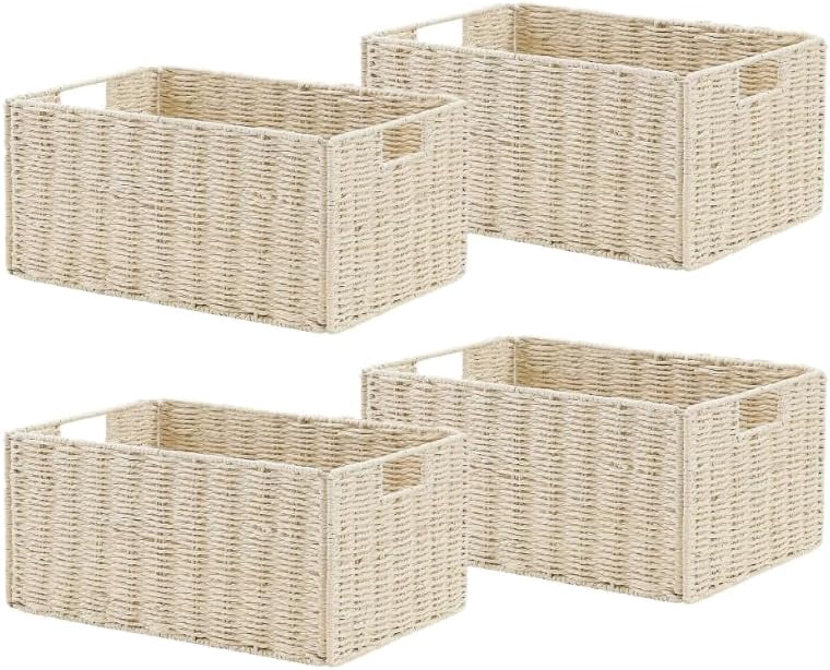 4 Pack Foldable Woven Storage Baskets, Rectangle Paper Rope Organizer ...