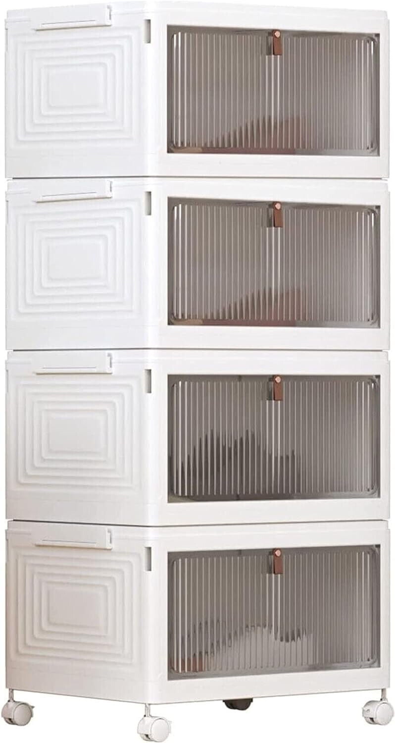 4 Pack Folding Stackable Storage Bins with Doors, Wheels, and Lids ...