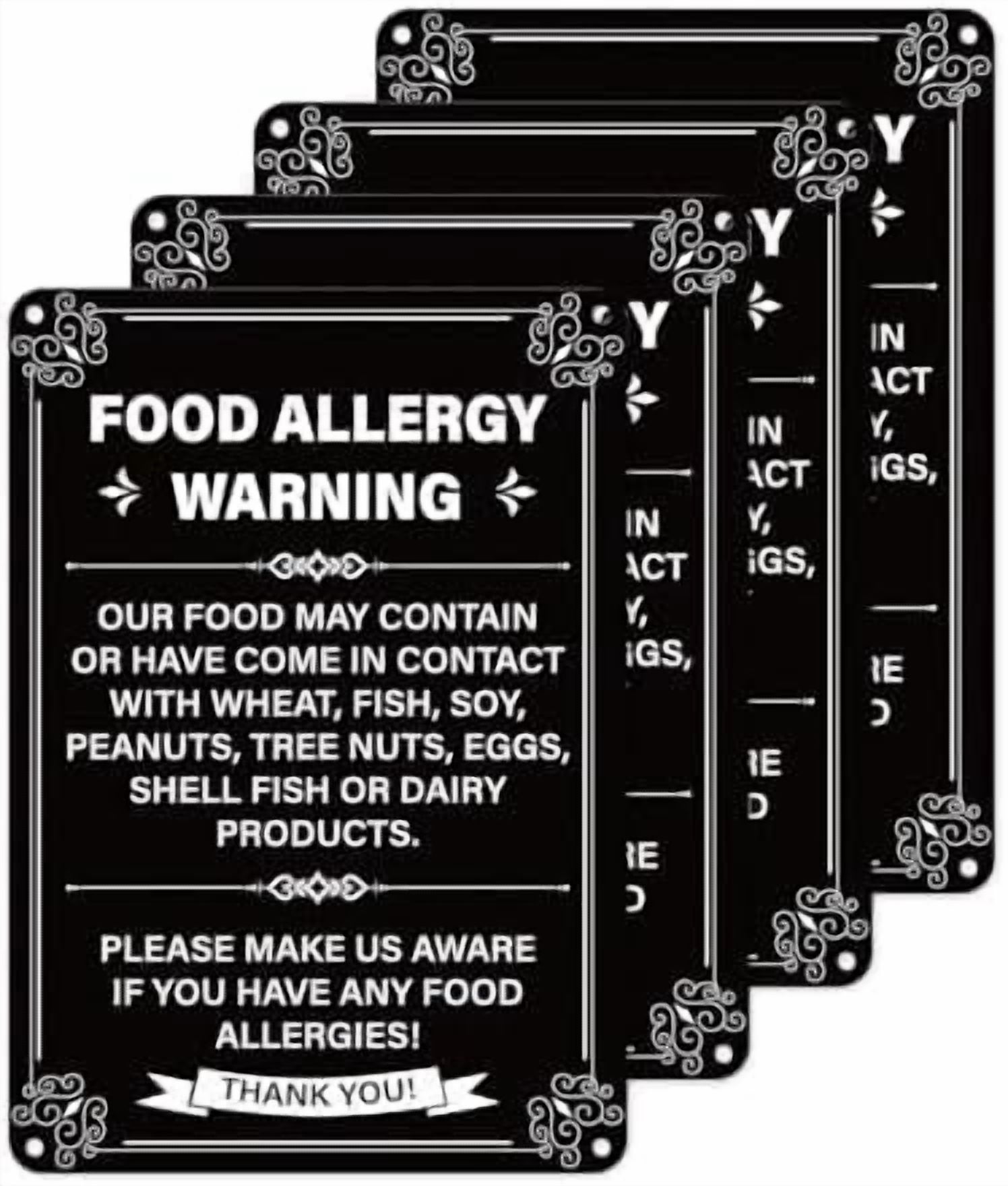 4 Pack Food Allergy Warning Sign 10 × 7 Inches Aluminum Self Adhesive ...