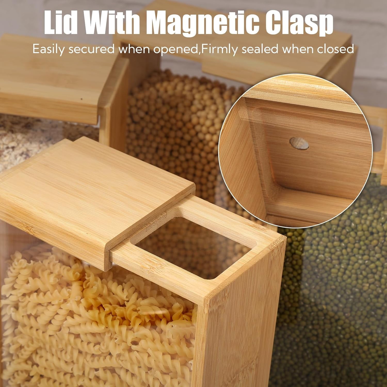 4 Pack Food Dispenser, Bamboo Cereal Dispenser with Magnetic Sliding ...