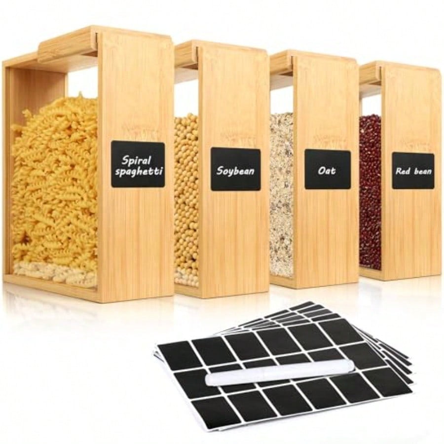 4 Pack Food Dispenser Bamboo Cereal Dispenser with Magnetic Sliding Lid ...